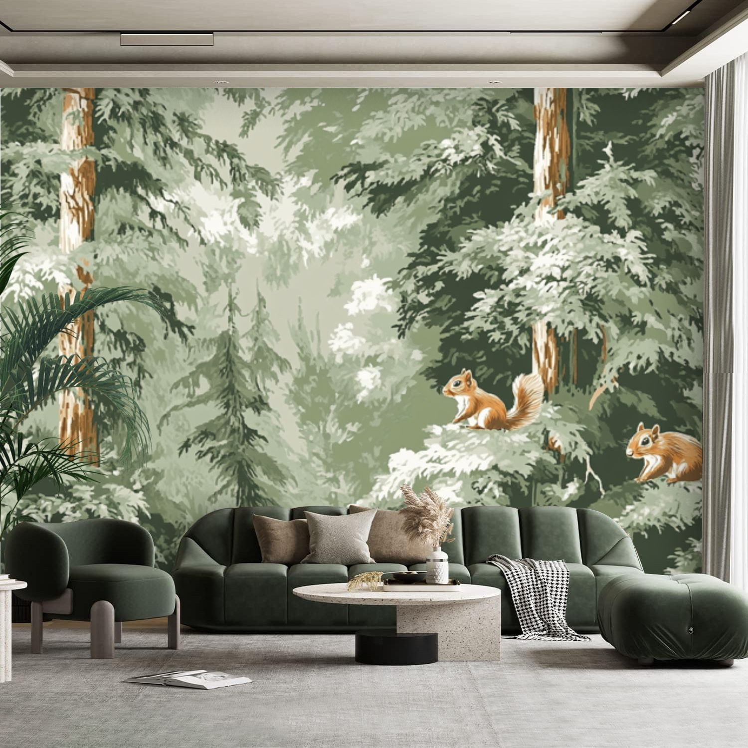 Peel and Stick Canvas Wallpaper Wall Mural Tall Trees Squirrels Dense ...