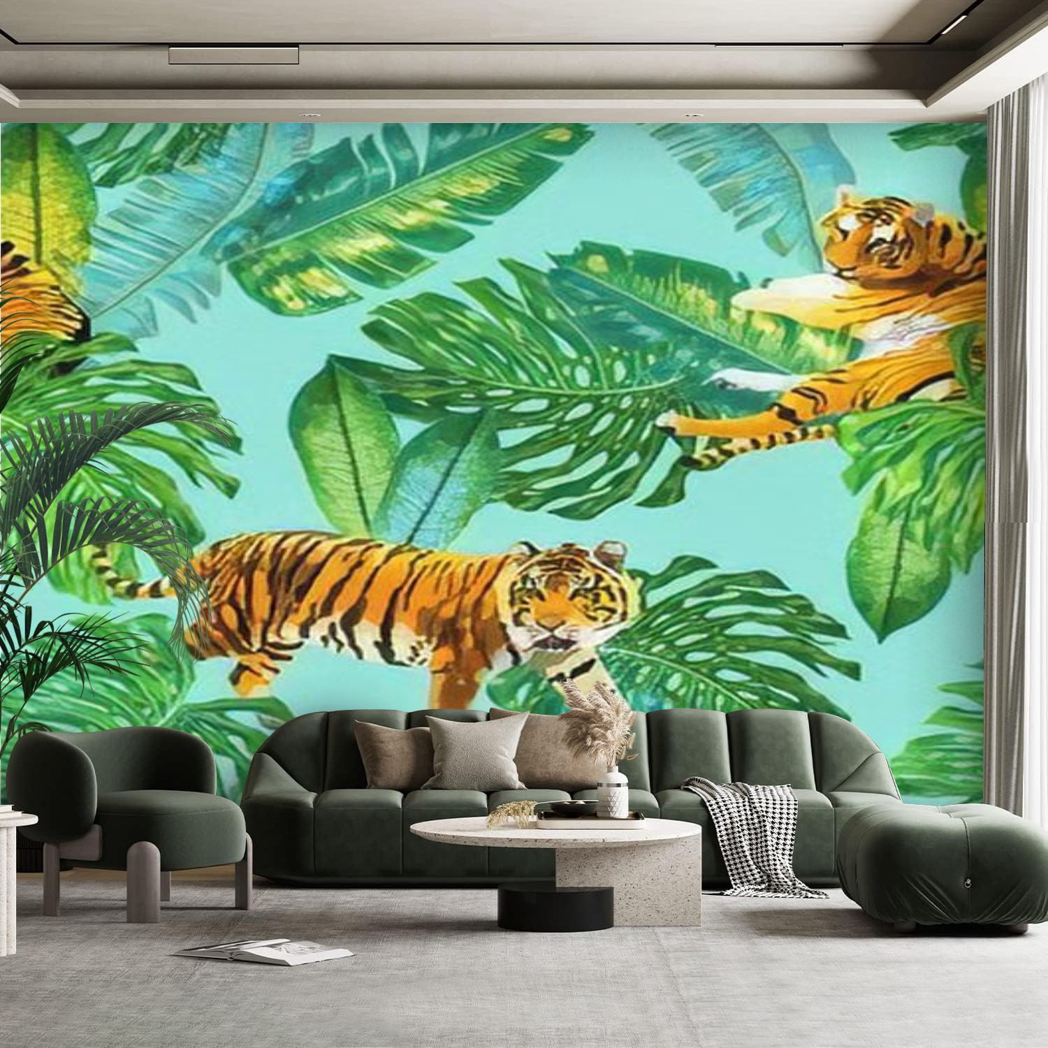 Peel and Stick Canvas Wallpaper Wall Mural Tigers Tropical Palm Leaves ...