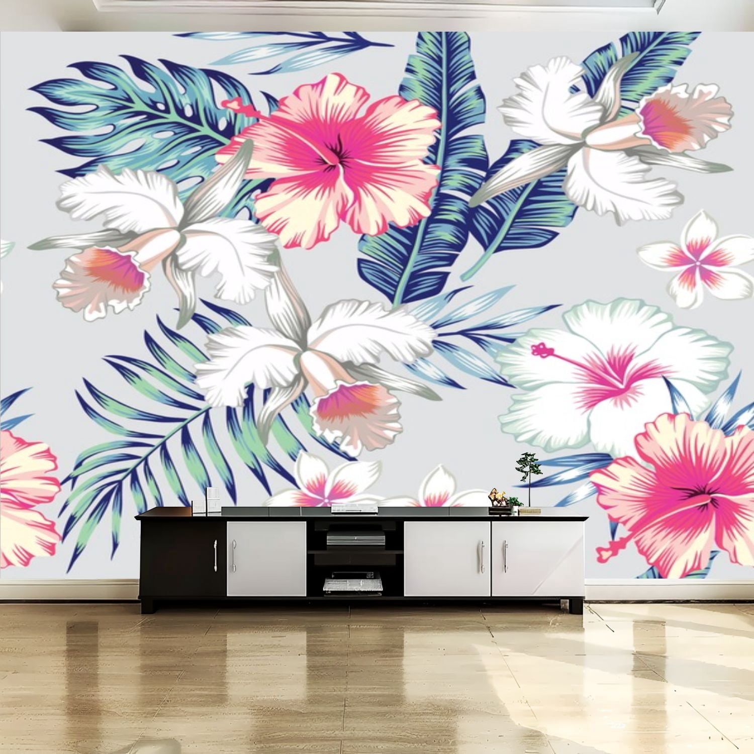 Peel and Stick Canvas Wallpaper Wall Mural Tropic exotic hibiscus ...