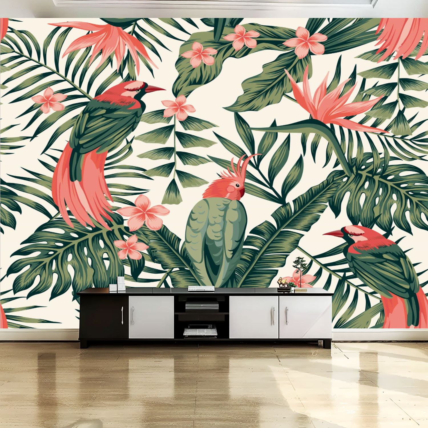 Peel and Stick Canvas Wallpaper Wall Mural Tropical leaves flowers ...