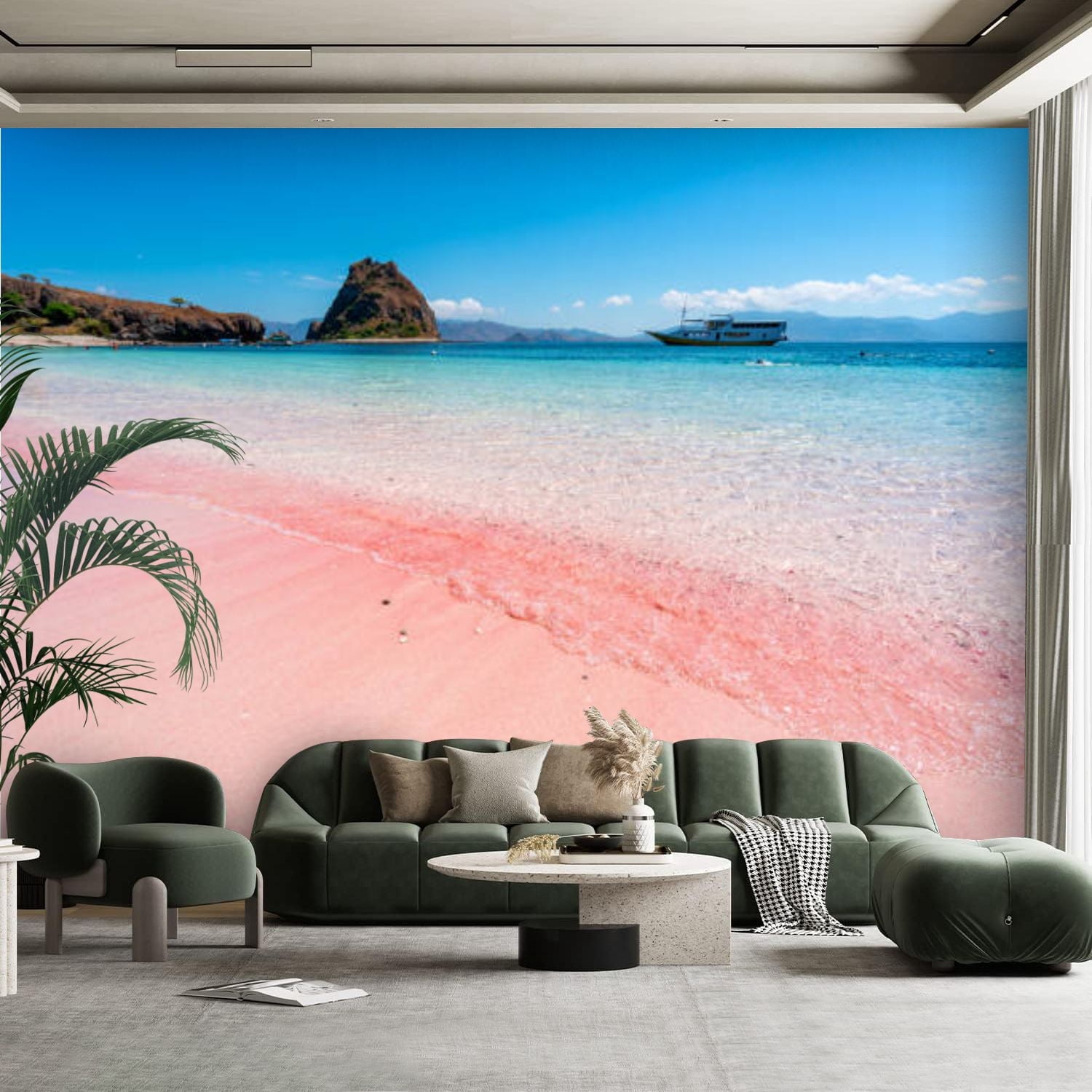 Peel and Stick Canvas Wallpaper Wall Mural Tropical pink sandy beach ...