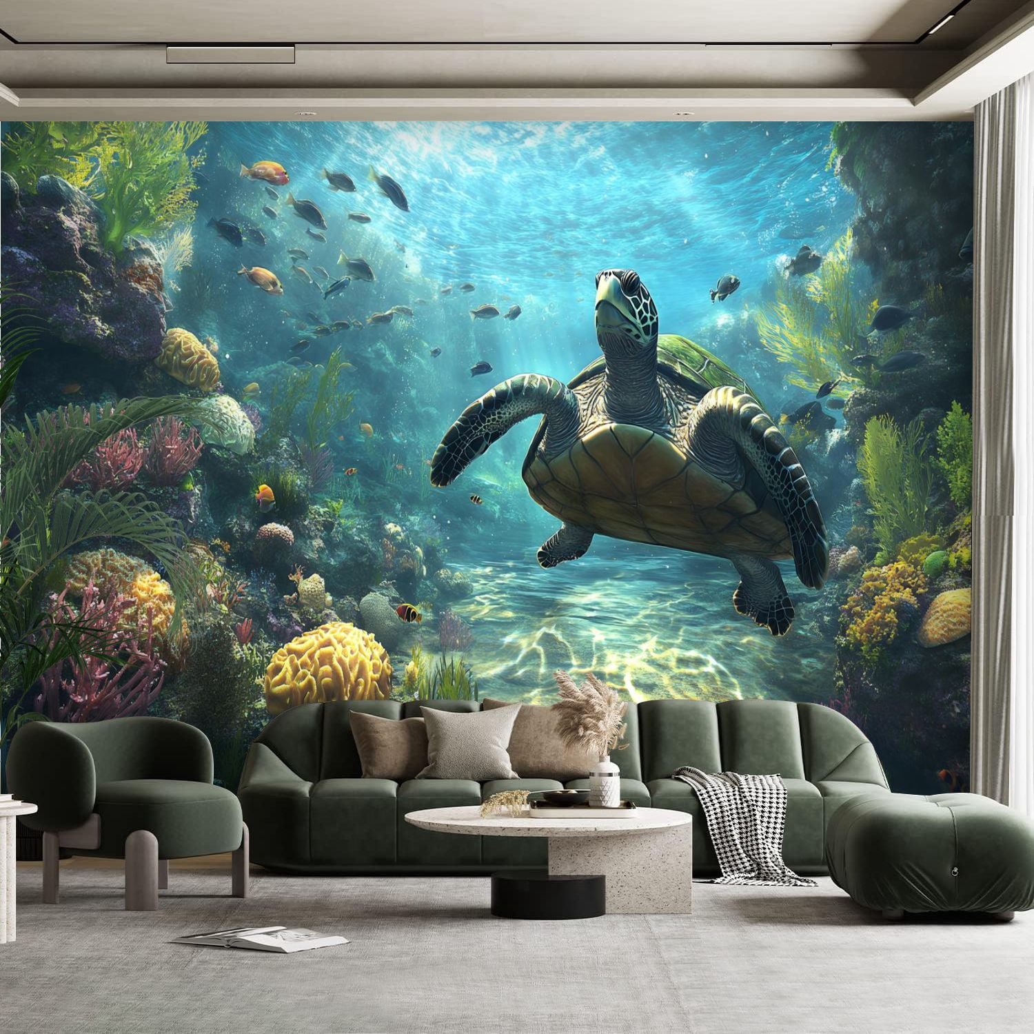 Peel and Stick Canvas Wallpaper Wall Mural Turtle Closeup School Fish ...