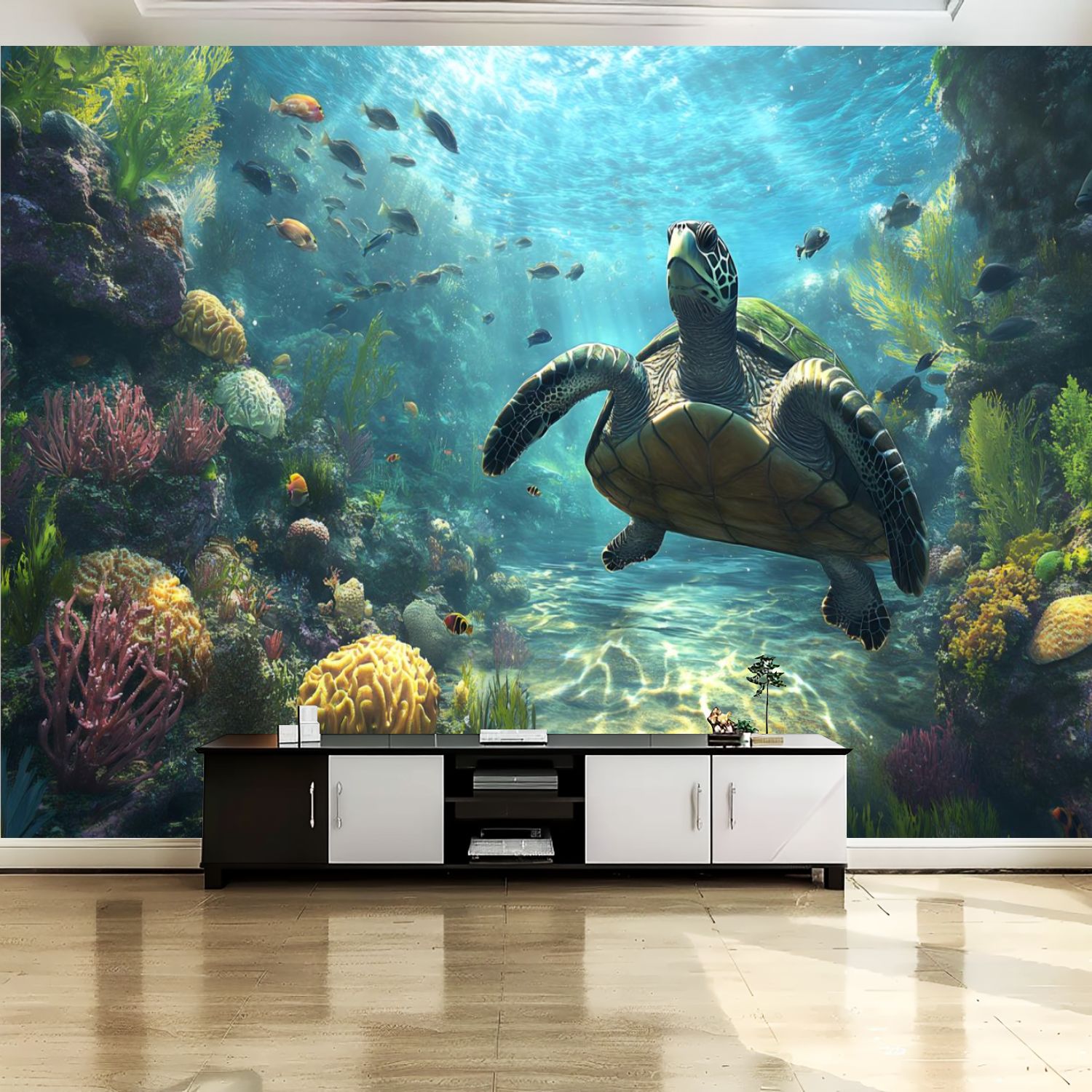Peel and Stick Canvas Wallpaper Wall Mural Turtle Closeup School Fish ...