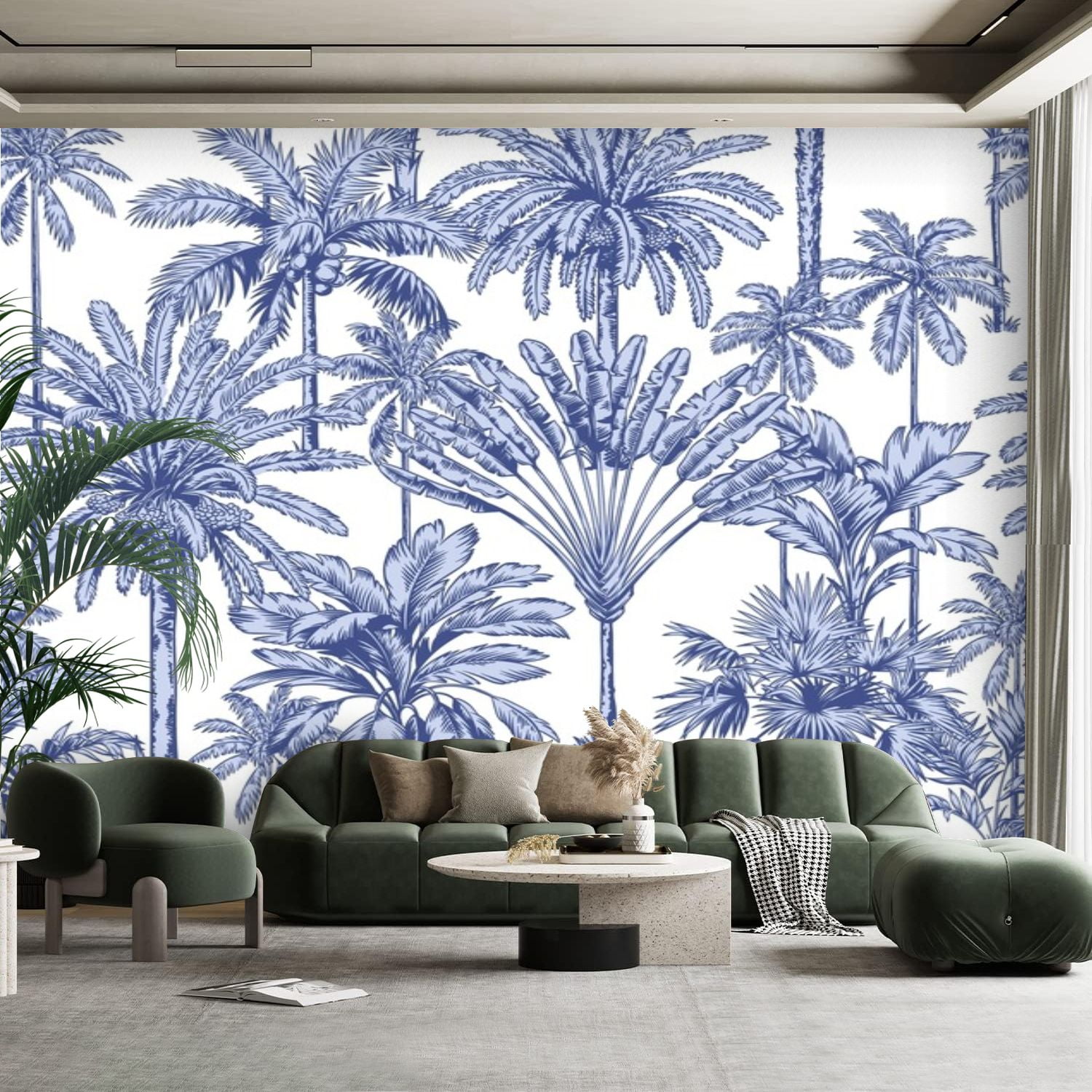 Peel and Stick Canvas Wallpaper Wall Mural Vintage seamless pattern tropical palms Trees linear ...
