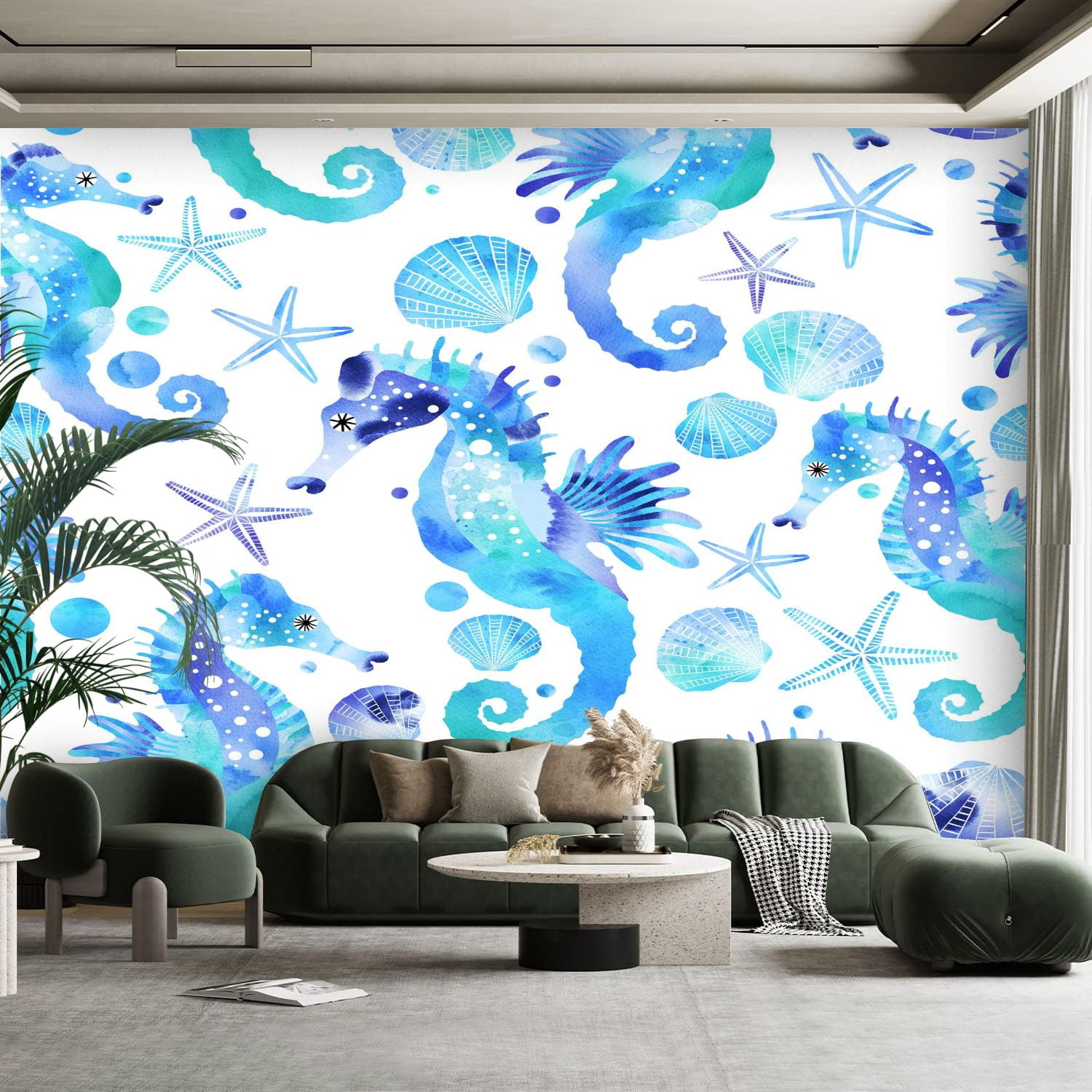 Peel and Stick Canvas Wallpaper Wall Mural Watercolor seahorses ...