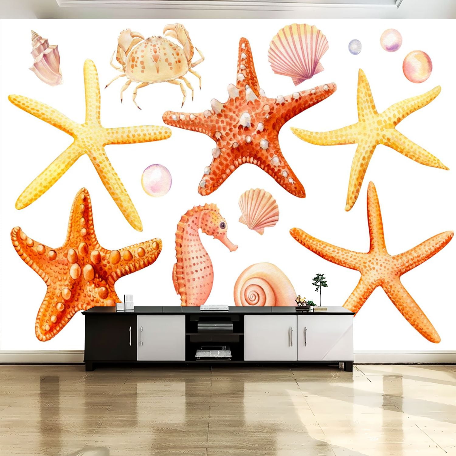 Peel and Stick Canvas Wallpaper Wall Mural Watercolor set seashells ...