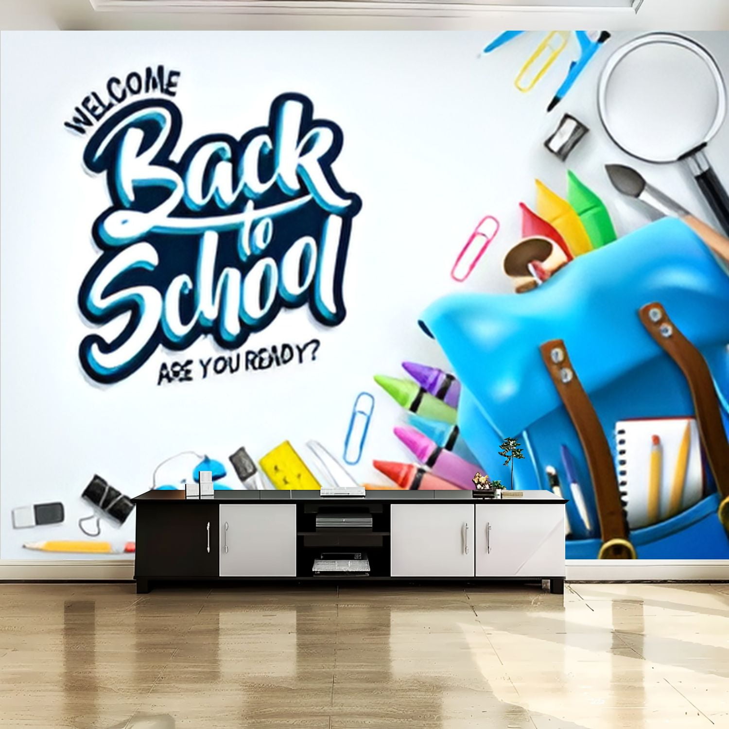 Peel and Stick Canvas Wallpaper Wall Mural Welcome Back Blue Backpack Supplies Like Notebook Pen ...