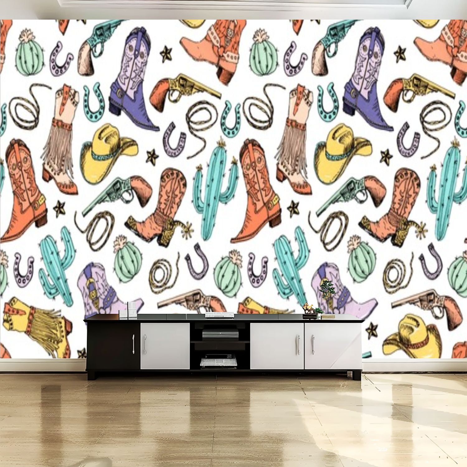 Peel and Stick Canvas Wallpaper Wall Mural Wild West Cowgirl Sketched ...