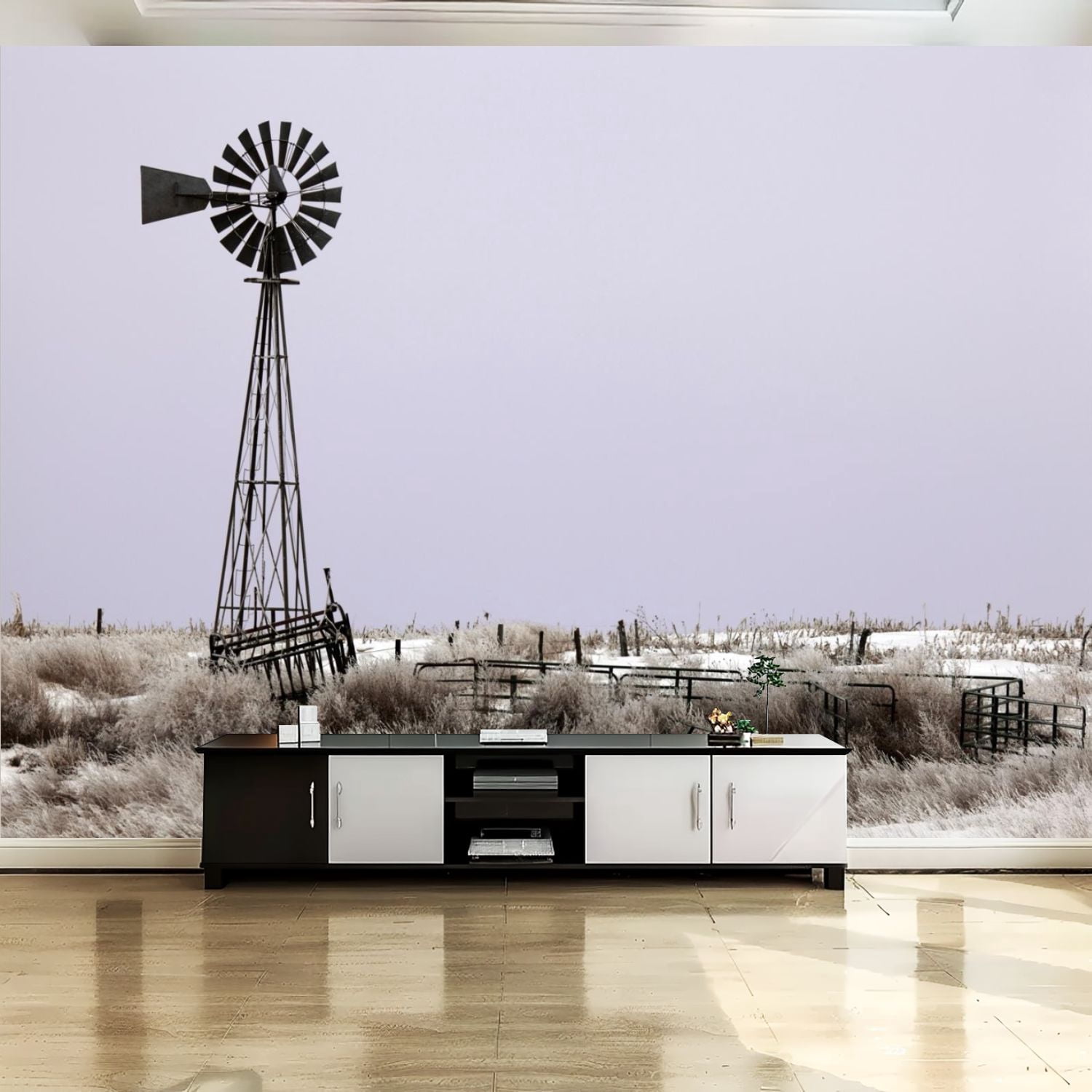 Peel and Stick Canvas Wallpaper Wall Mural Windmill grassland purple ...