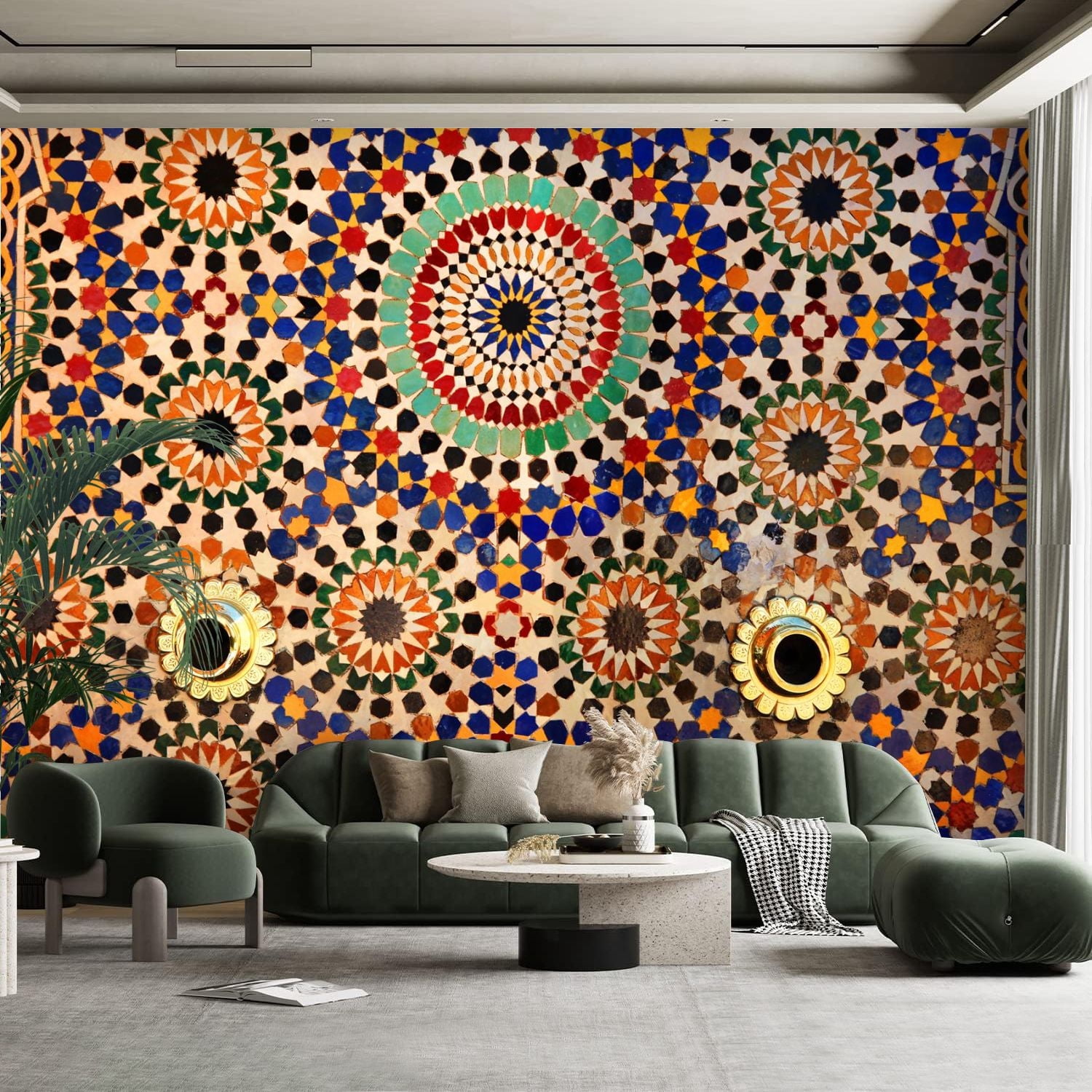 Peel and Stick Canvas Wallpaper Wall Mural colorful tiles fountain ...