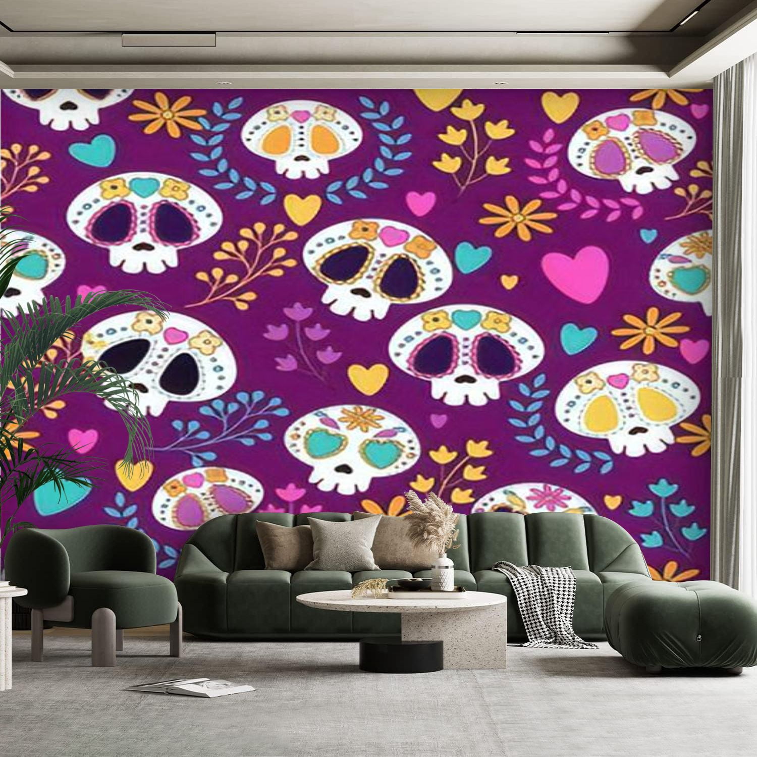 Peel and Stick Canvas Wallpaper Wall Mural de Day dead set Skulls cat ...