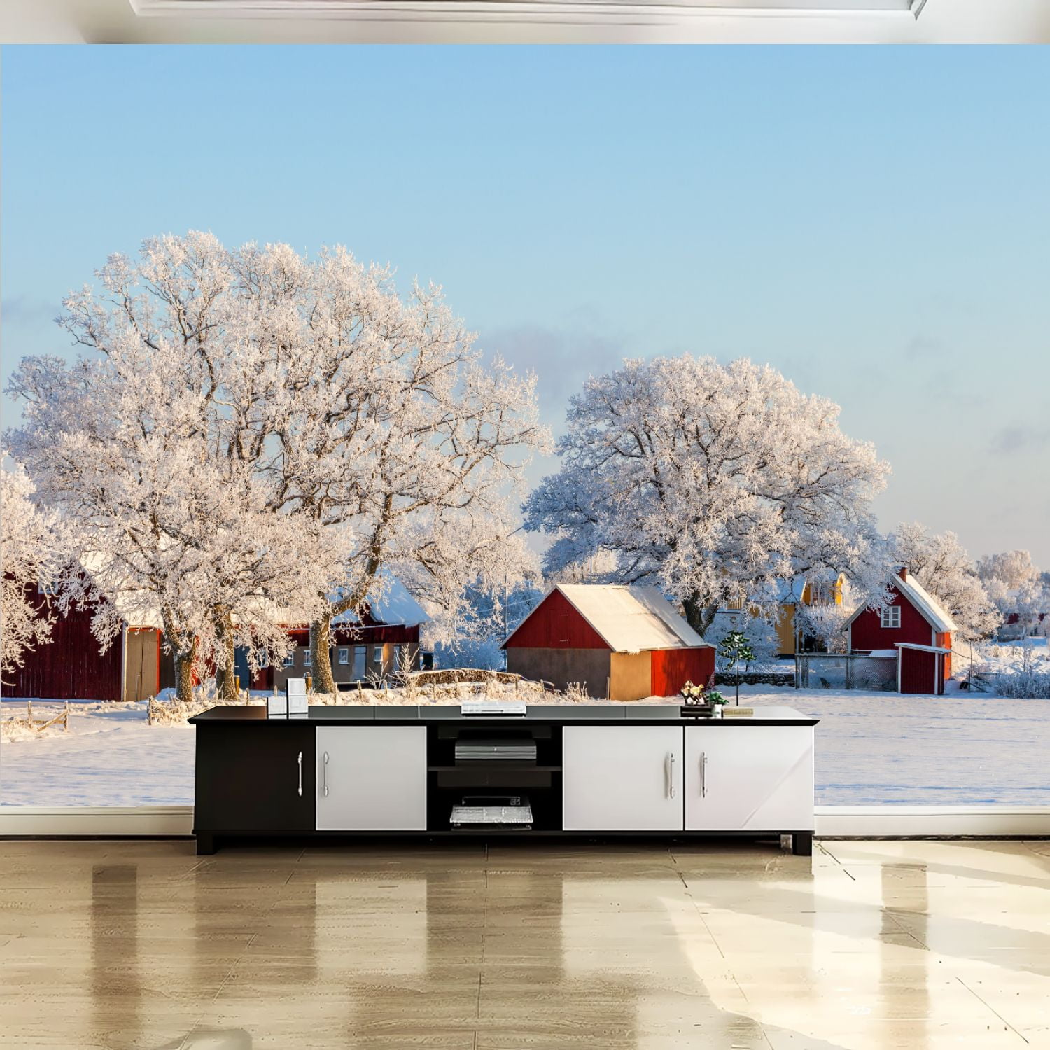 Peel and Stick Canvas Wallpaper Wall Mural frost snow winter Cottage ...