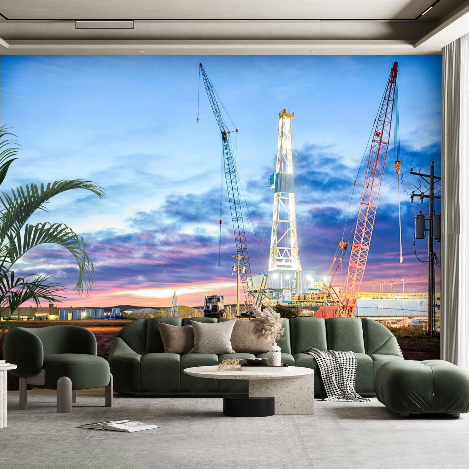 Peel and Stick Canvas Wallpaper Wall Mural lighted drilling fracking ...