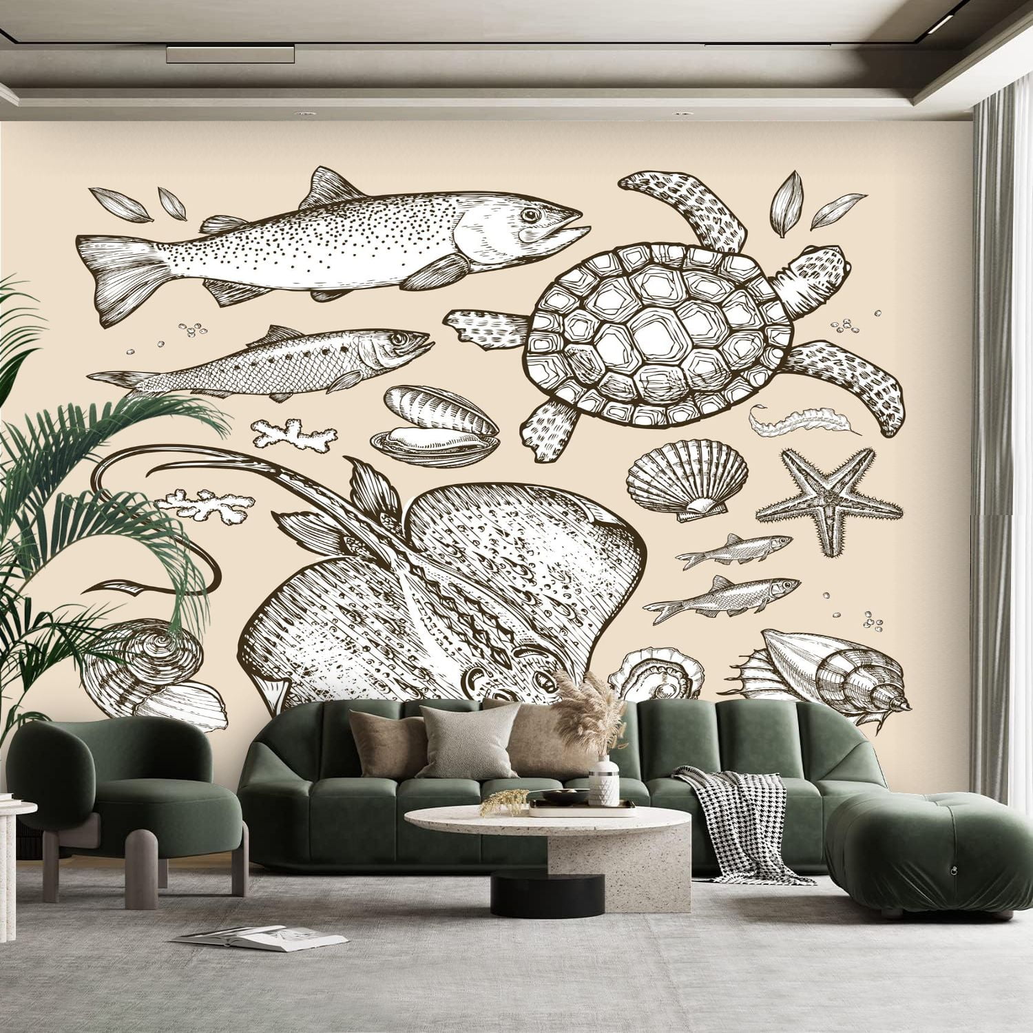 Peel and Stick Canvas Wallpaper Wall Mural sea animals hand drawn ...