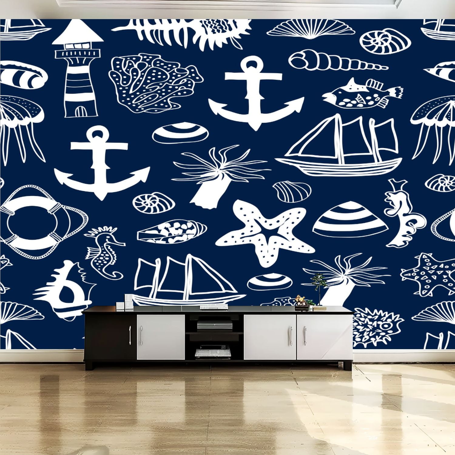 Peel and Stick Canvas Wallpaper Wall Mural seamless anchor shell ships ...