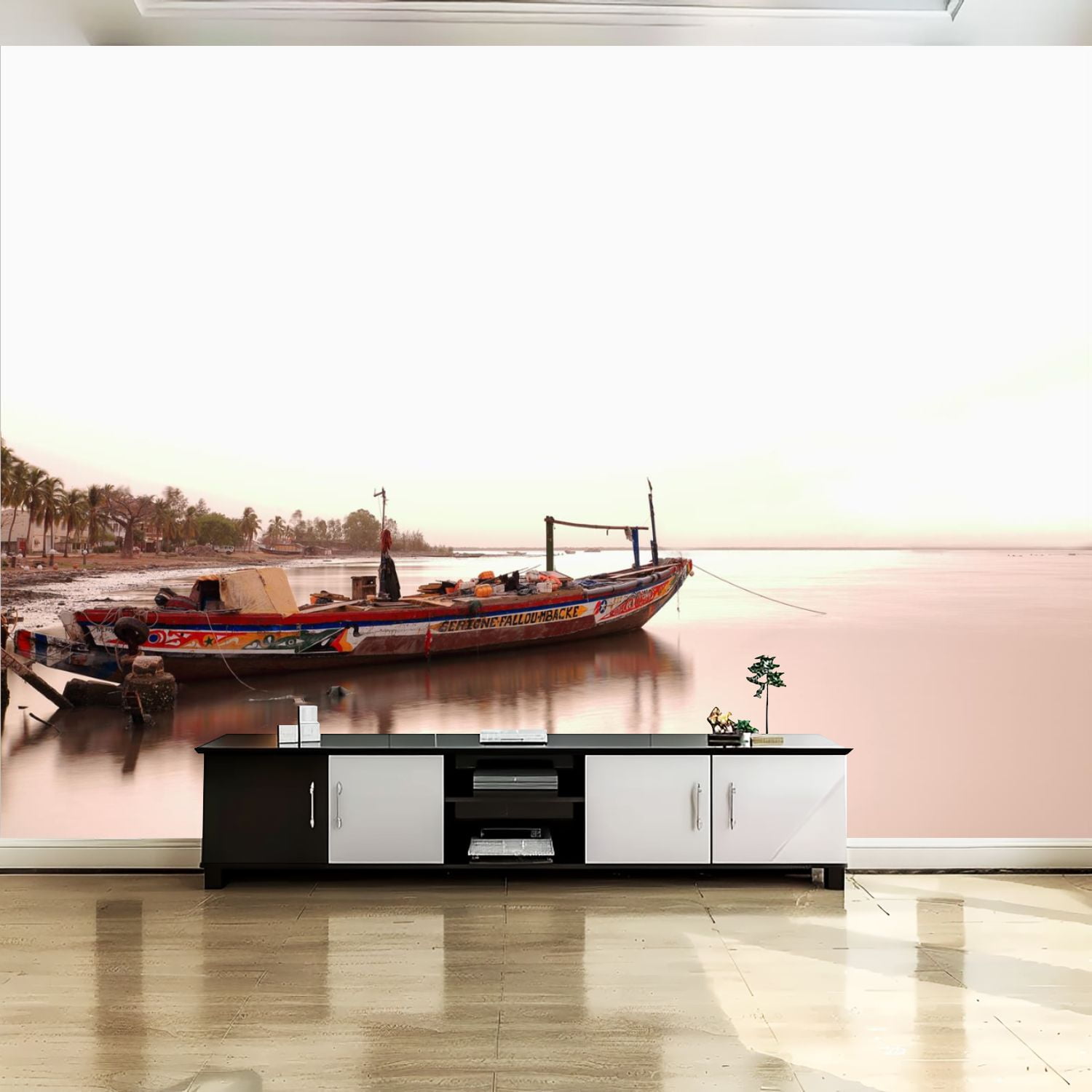 Peel and Stick Canvas Wallpaper Wall Mural wooden ship anchored for night ziguinchor senegal ...