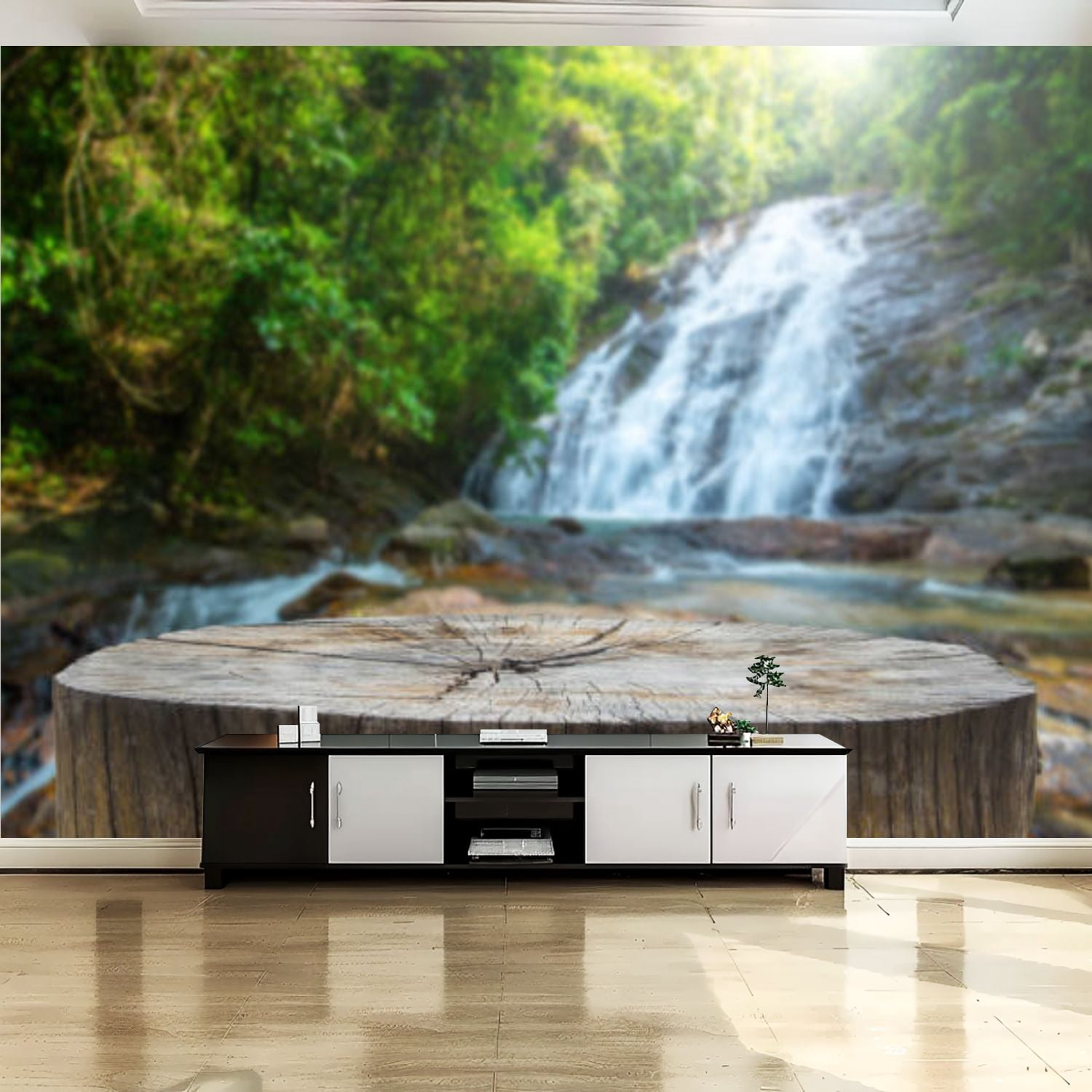 Peel and Stick Canvas Wallpaper Wall MuralWooden desk stump green ...