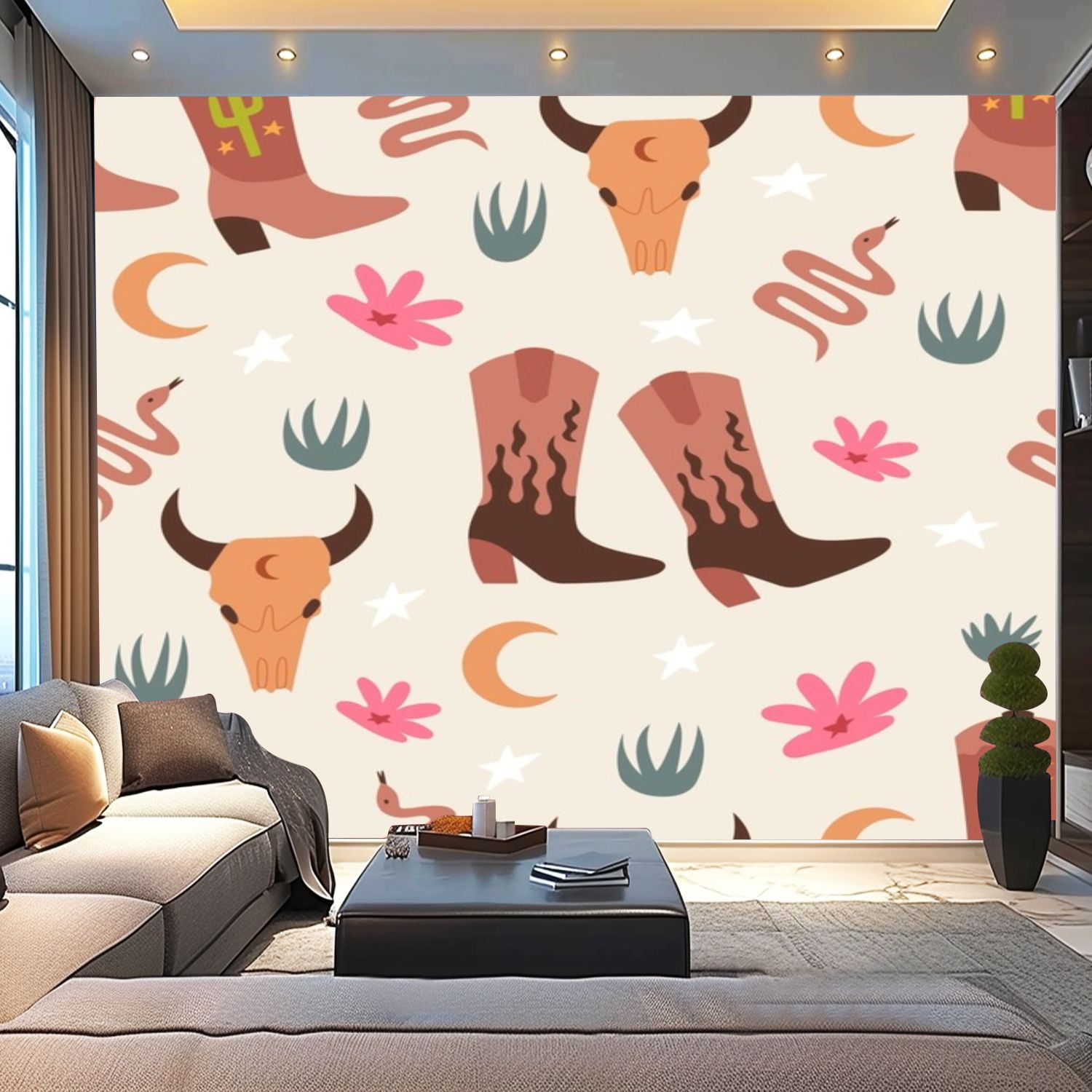 Peel and Stick Canvas Wallpaper Western seamless pattern cowboy boots ...