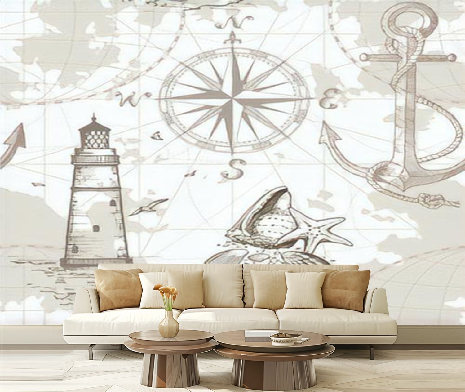 Peel and Stick Canvas Wallpaper drawn seamless sea map compass ...