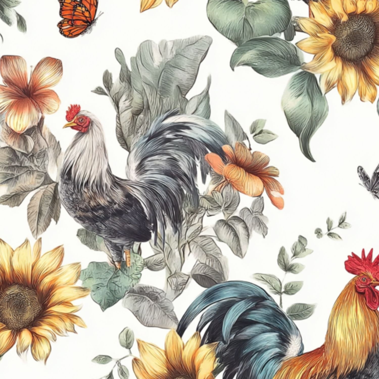 Peel and Stick Wallpaper 17.7in x 9.8ft Farmhouse Rooster Sunflower ...