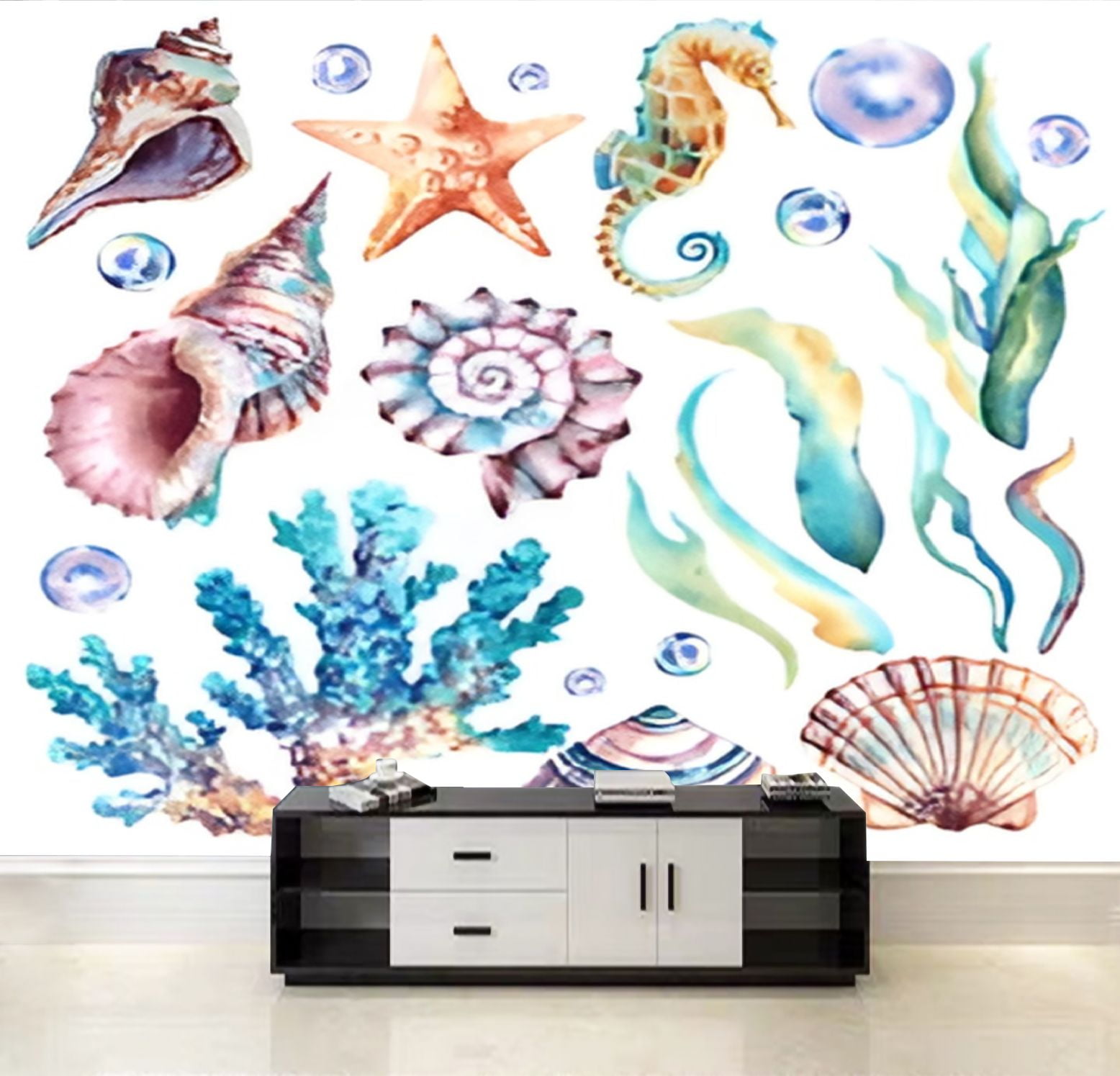 Peel and Stick Wallpaper A set marine life Corals seashells starfish ...