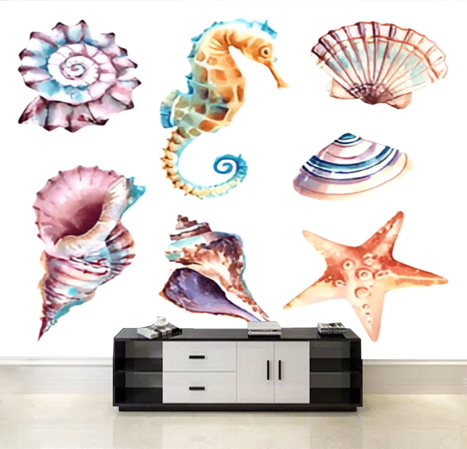 Peel and Stick Wallpaper A set seashells starfish seahorse Watercolor ...