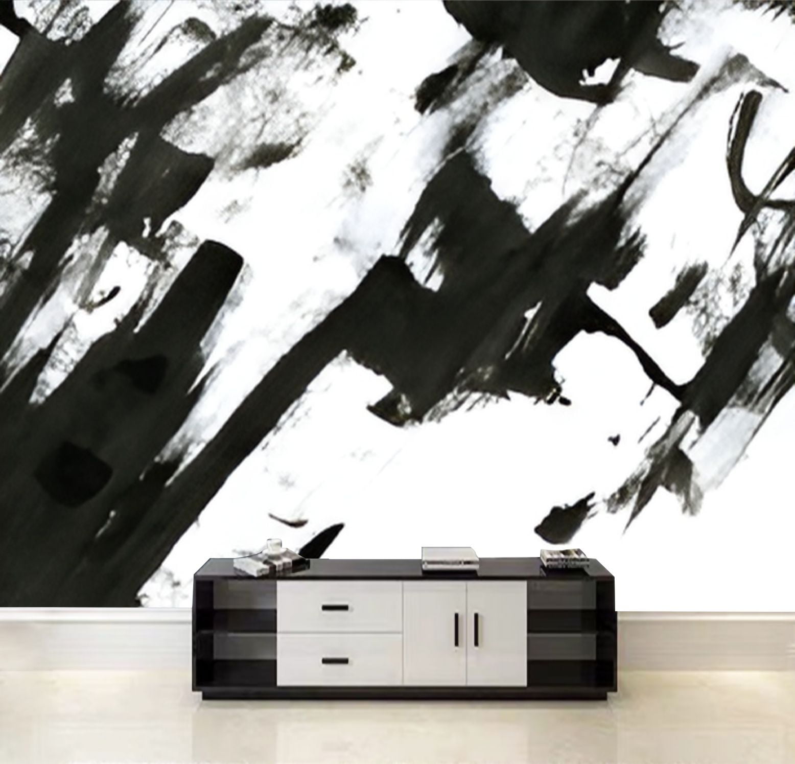 Peel and Stick Wallpaper Abstract ink Marble style Black paint stroke ...