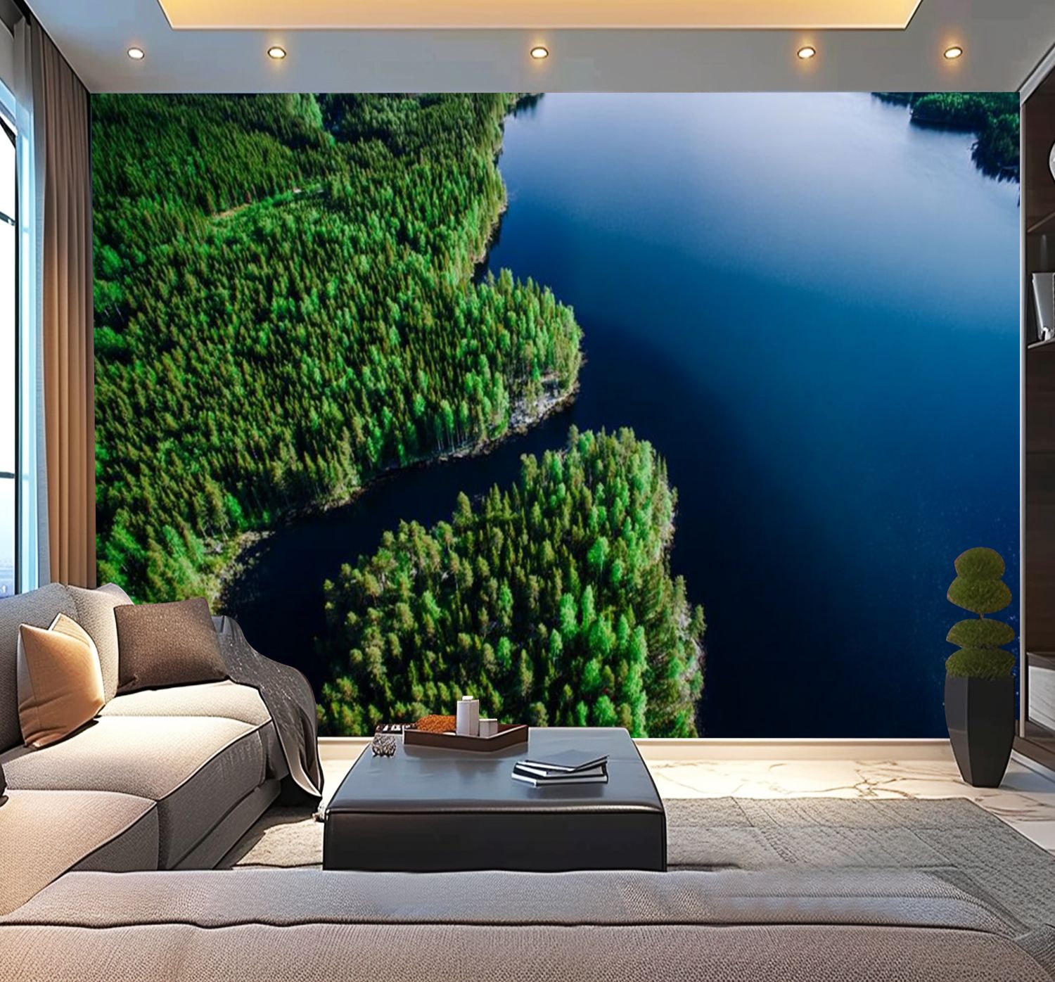 Peel and Stick Wallpaper Aerial view blue lake stone shore green woods ...