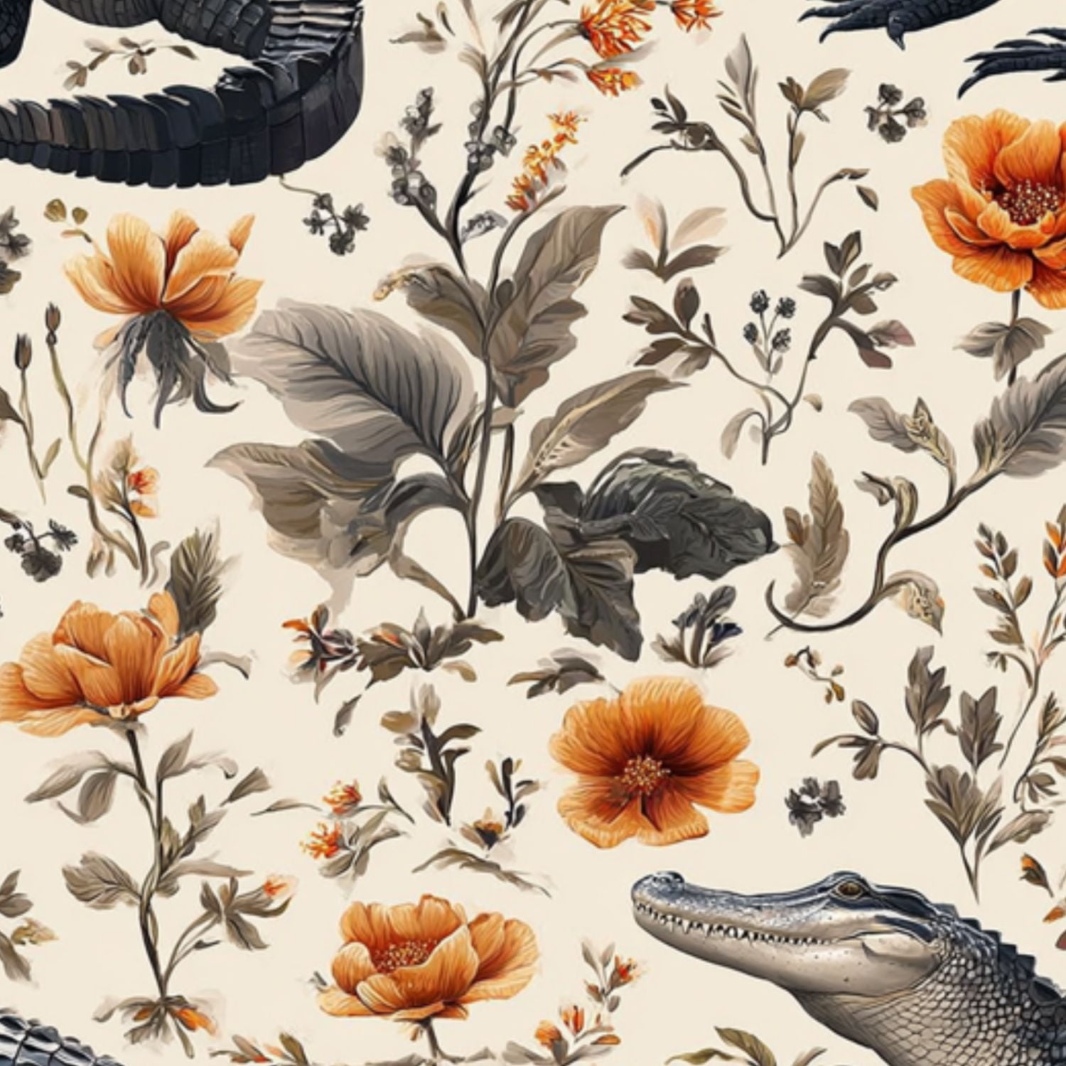 Peel and Stick Wallpaper Alligator Floral Orange Flowers Vintage Style ...