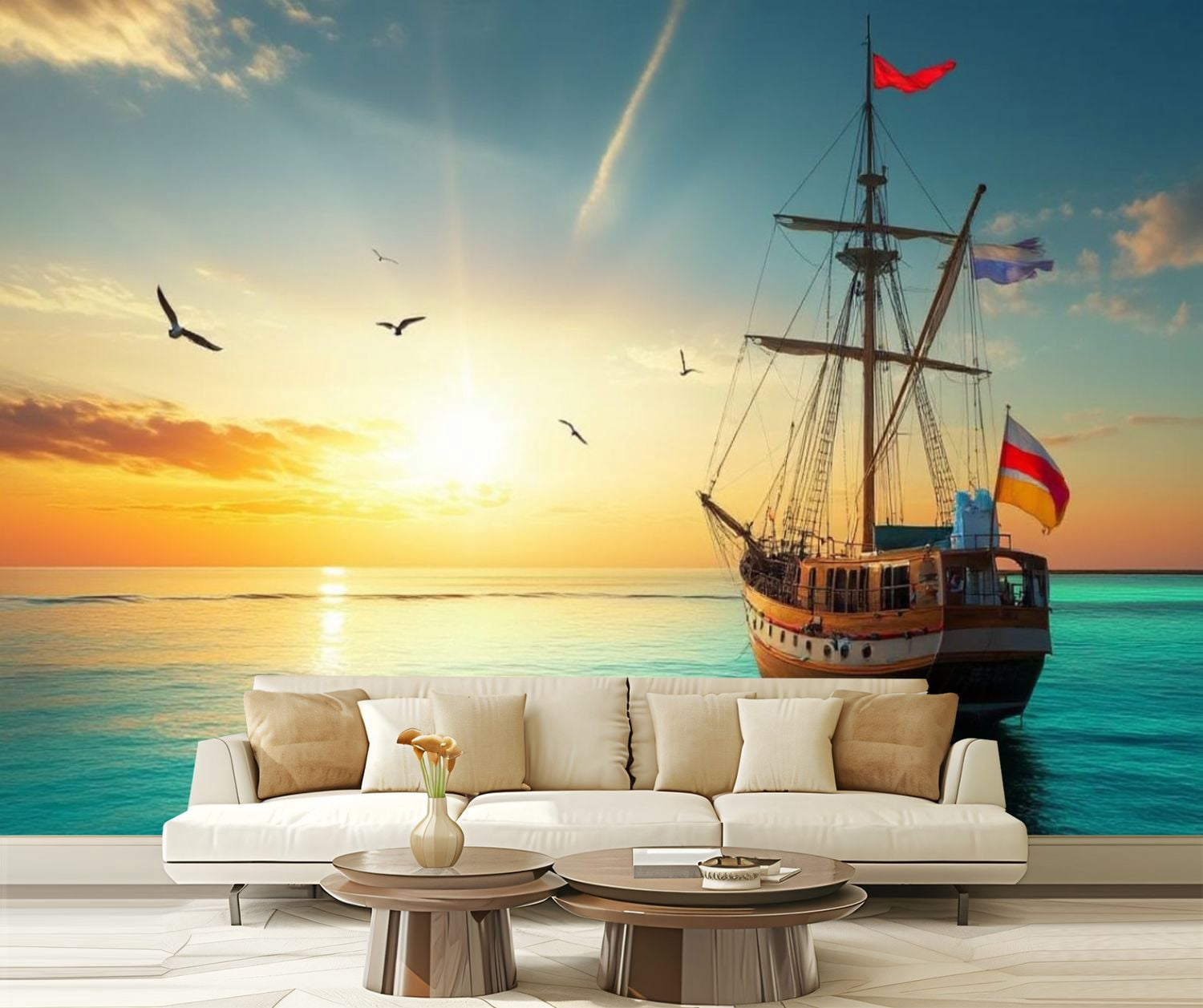 Peel and Stick Wallpaper Beautiful Sunset Yacht Sea Non Woven ...