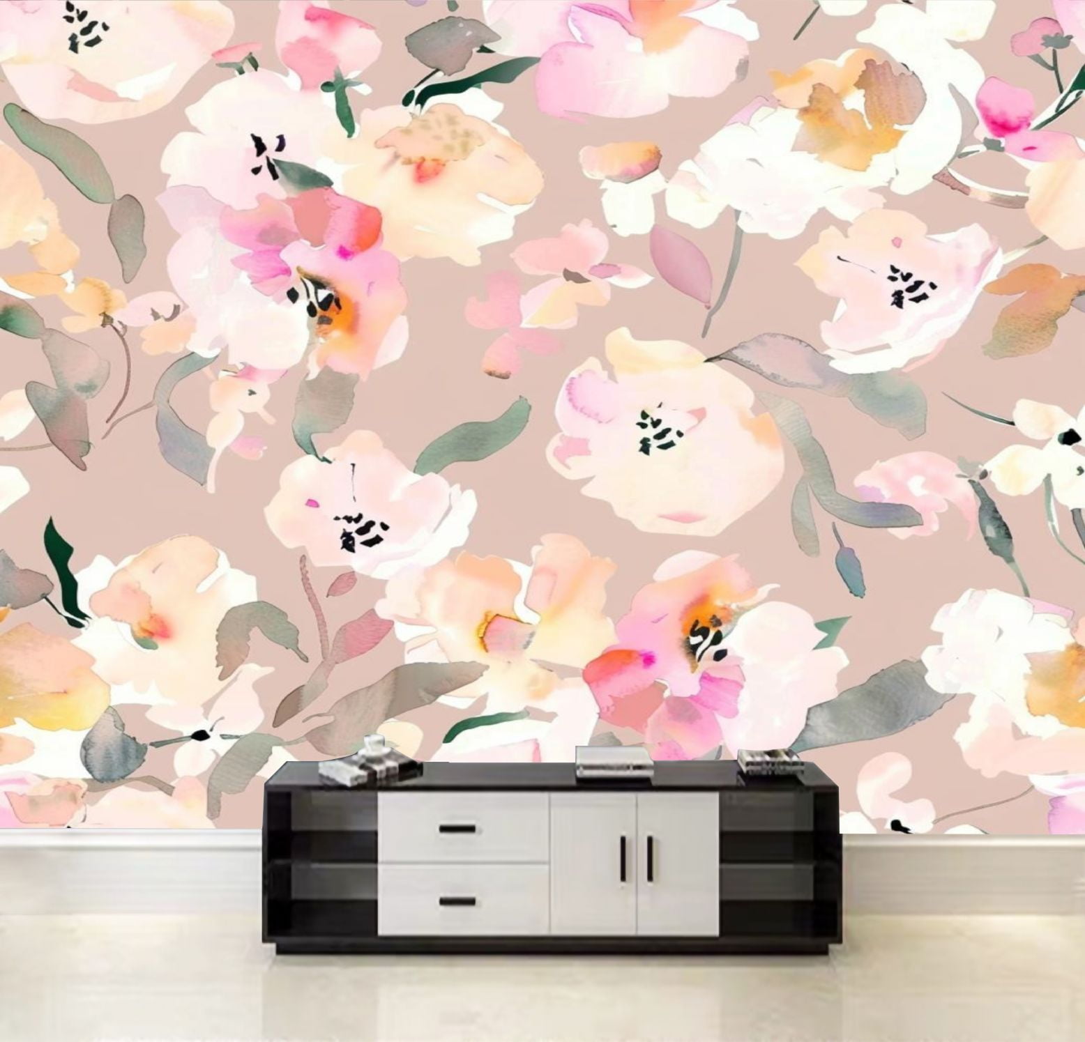 Peel and Stick Wallpaper Beautiful floral motif pink flowers ...