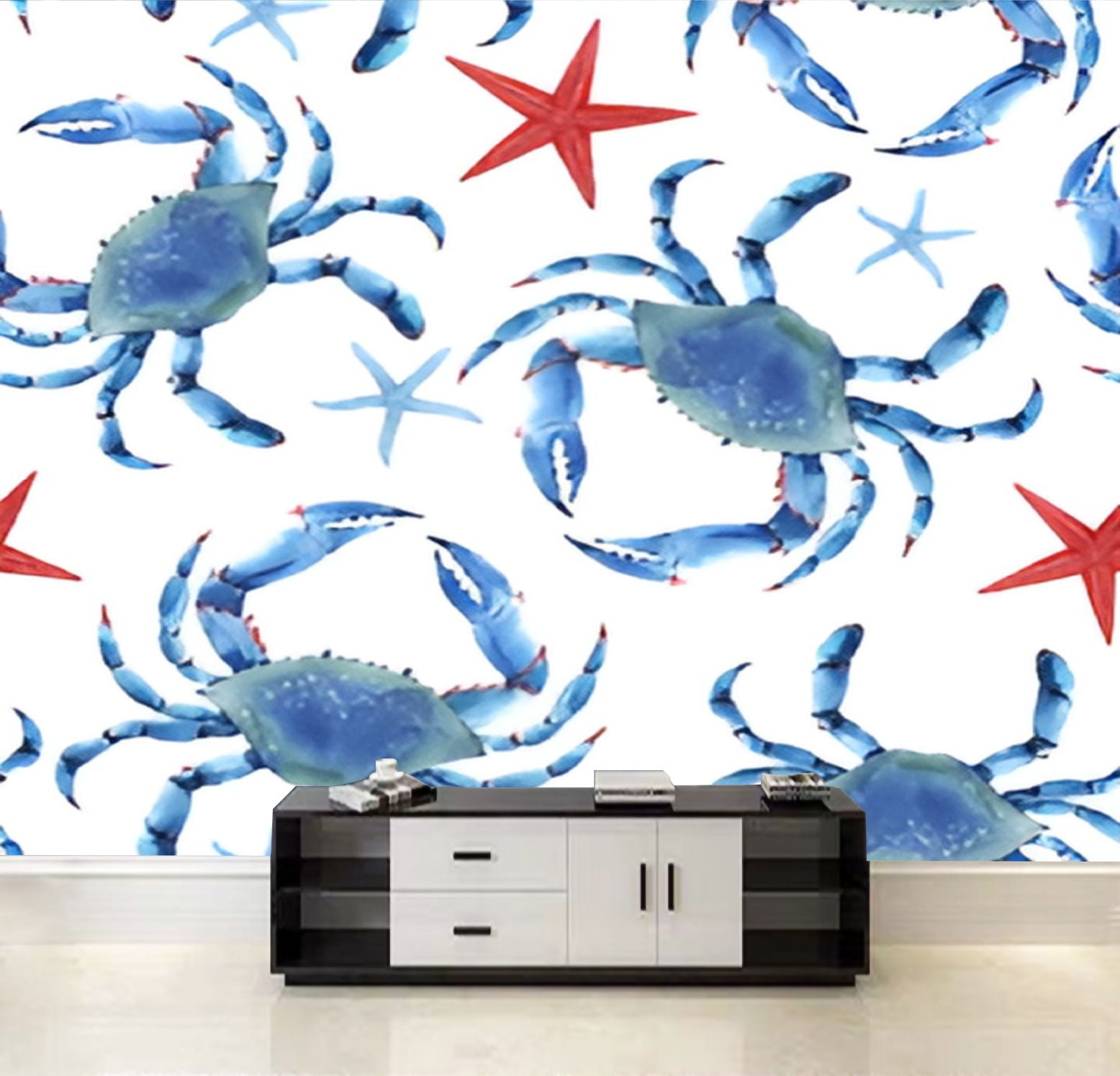 Peel and Stick Wallpaper Beautiful seamless underwater pattern watercolor blue crabs starfish ...