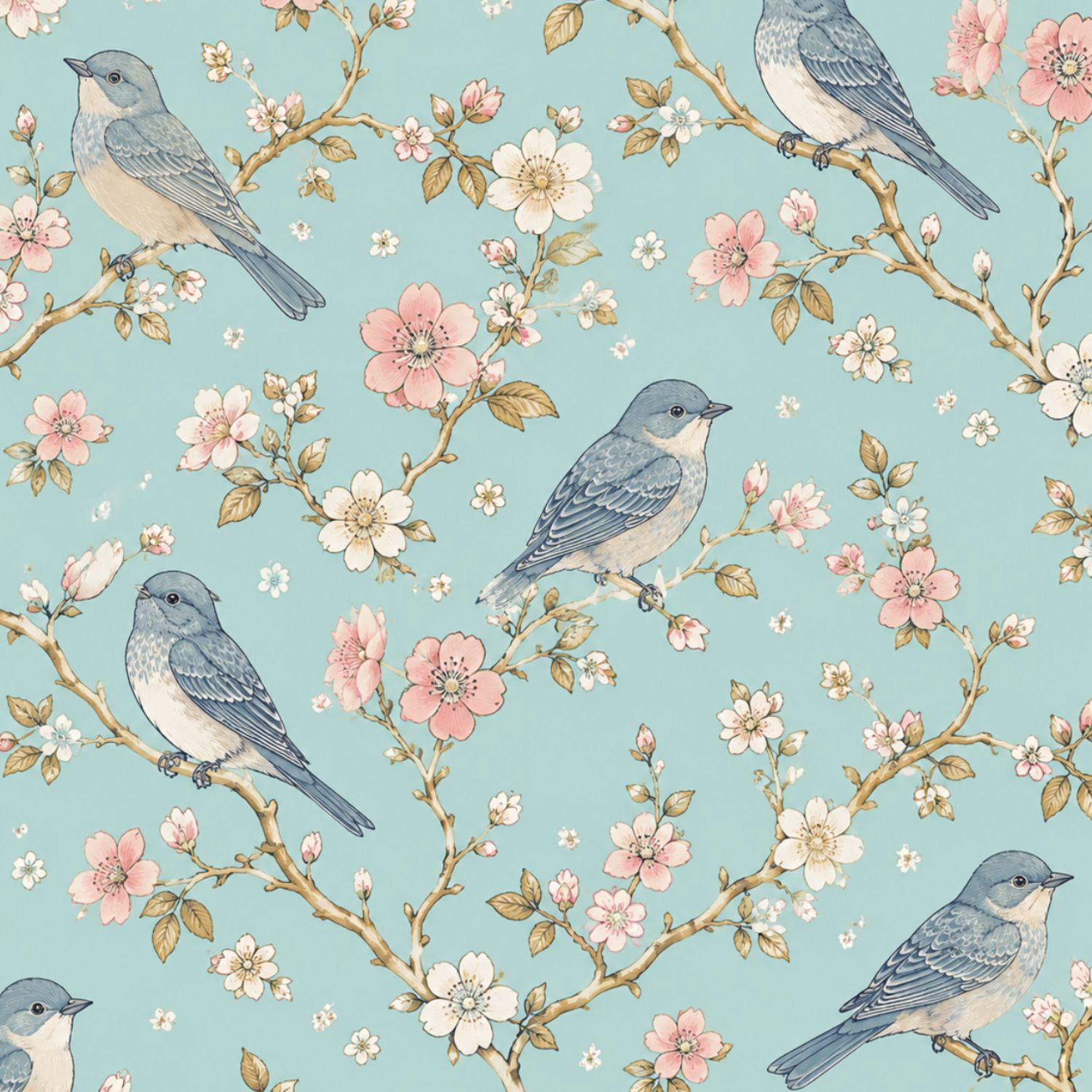 Peel and Stick Wallpaper Birds Blossoming Cherry Tree Branches Light ...