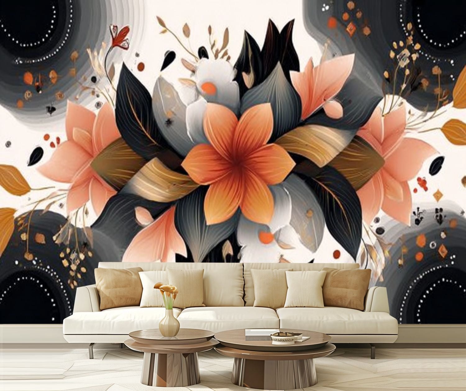 Peel and Stick Wallpaper Black Abstract Shapes Floral Motifs Diamond ...