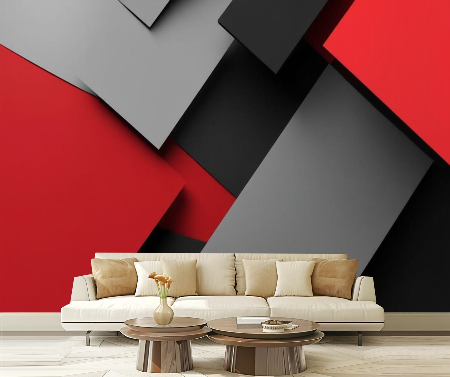 Peel and Stick Wallpaper Black Red 3D Geometry Red Cubes Gray ...