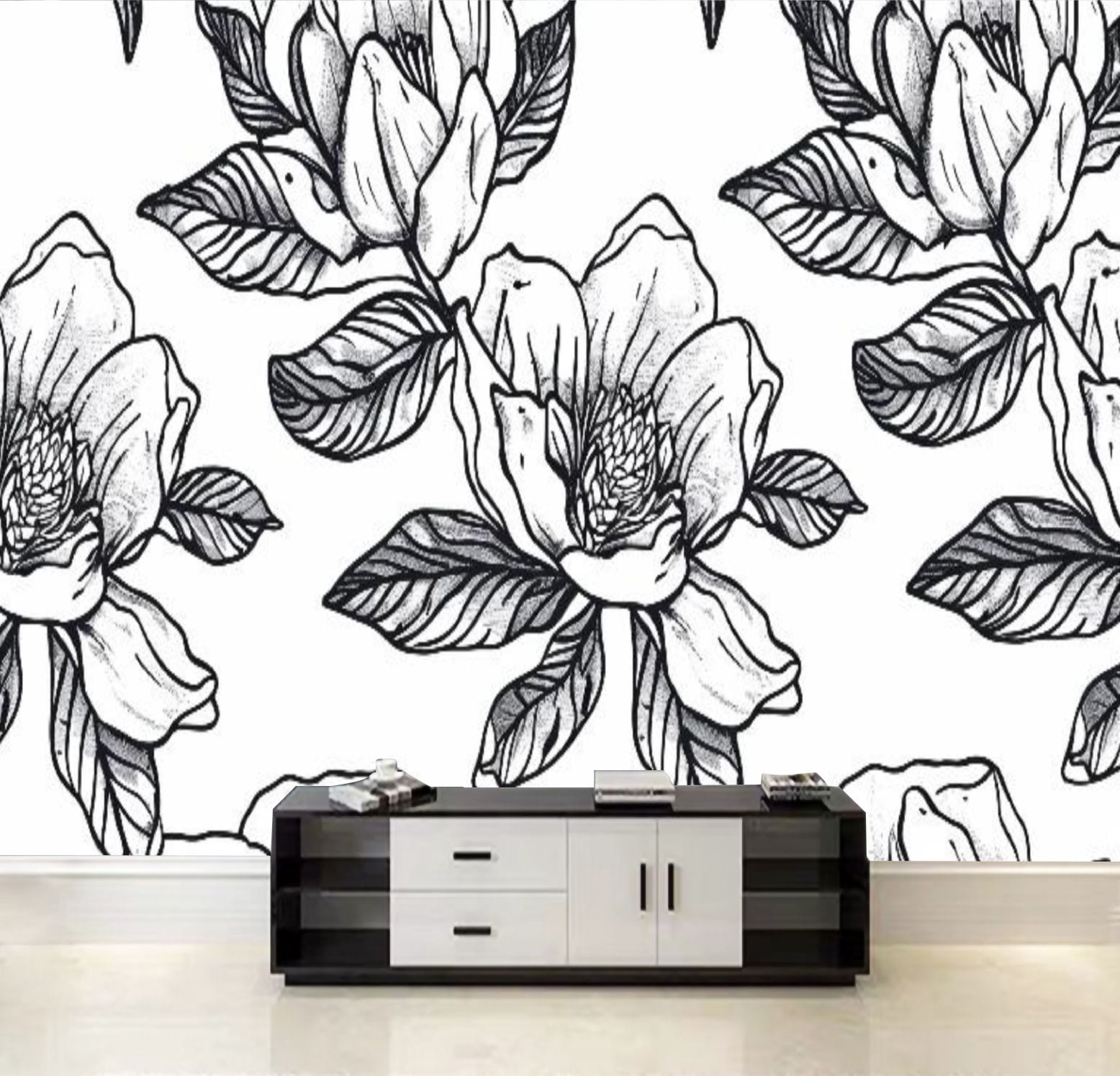 Peel and Stick Wallpaper Black white floral seamless pattern magnolia ...