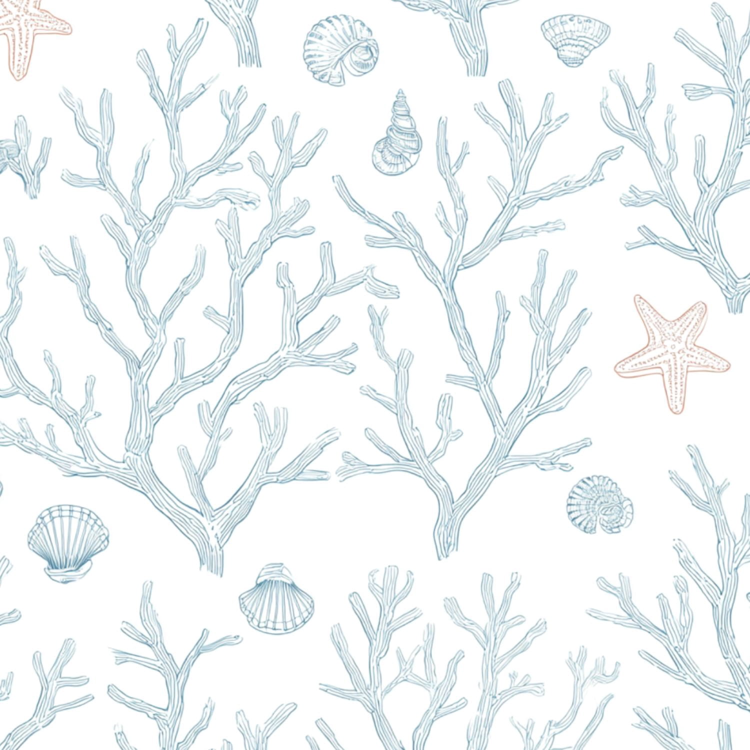 Peel and Stick Wallpaper Blue Coral Seashells Coastal Marine Life Wall ...