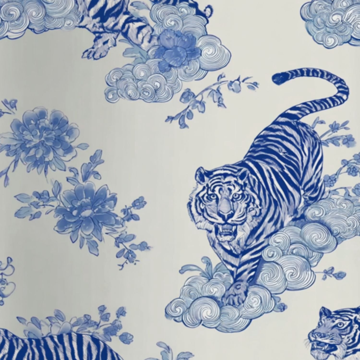 Peel and Stick Wallpaper Blue White Tiger Clouds Flowers Oriental Art ...