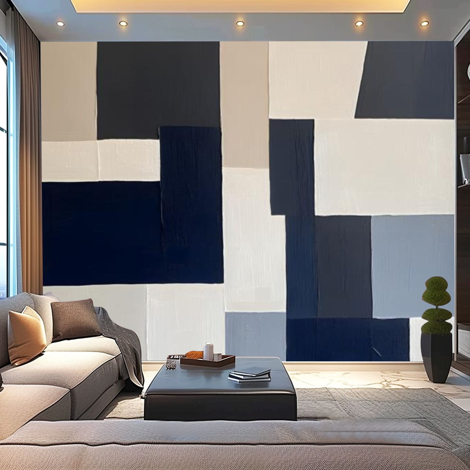 Peel and Stick Wallpaper Canvas Abstract Modern Blue Rectangular Blocks ...