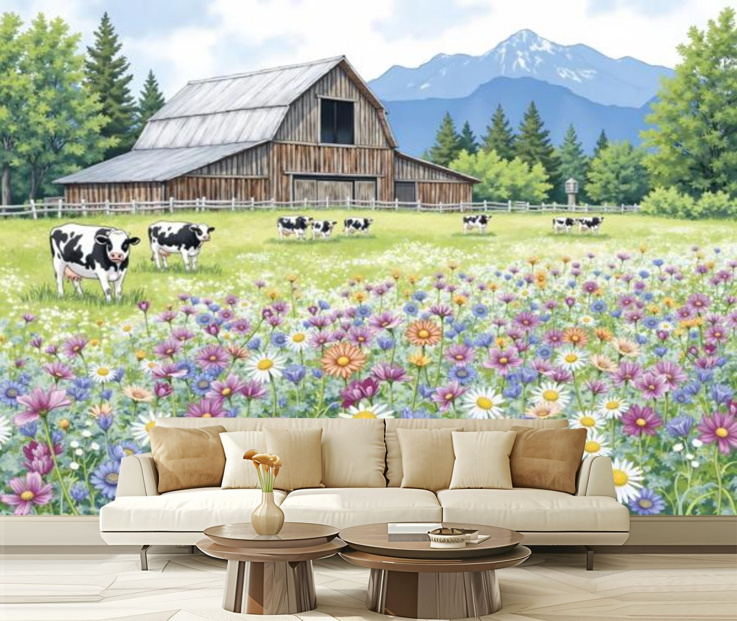 Peel and Stick Wallpaper Canvas Barn Farmhouse Green Nature Farm Cow ...