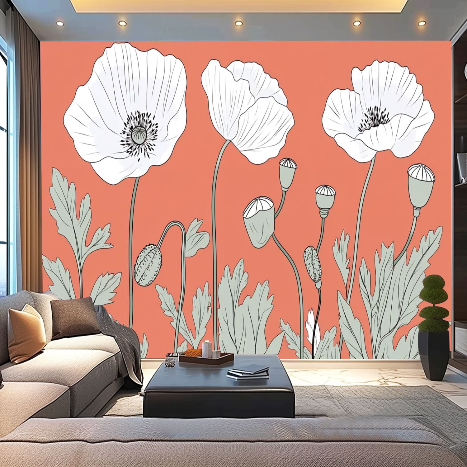 Peel and Stick Wallpaper Canvas Beige Red Floral Boho Floral Leaves ...