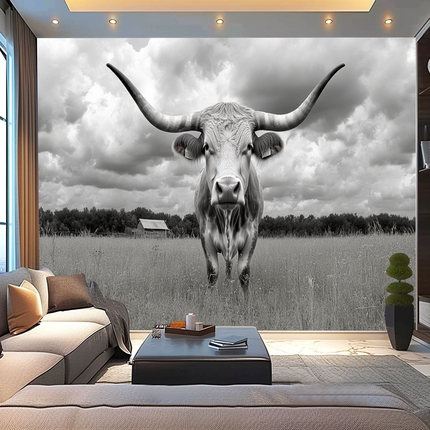 Peel and Stick Wallpaper Canvas Black White Texas Highland Cow Wild ...