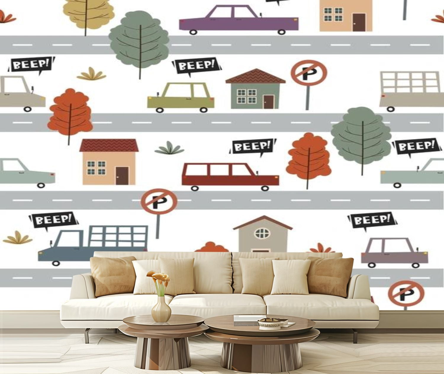 Peel and Stick Wallpaper Canvas Childish playful seamless cartoon car ...