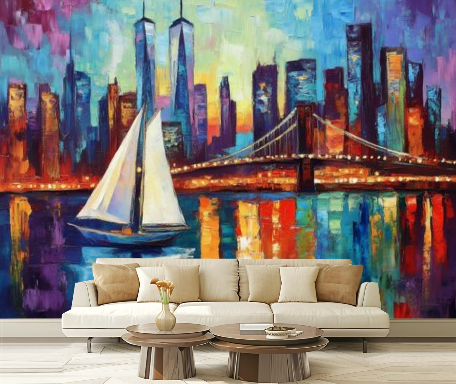 Peel and Stick Wallpaper Canvas Cityscape Abstract Brooklyn Bridge ...