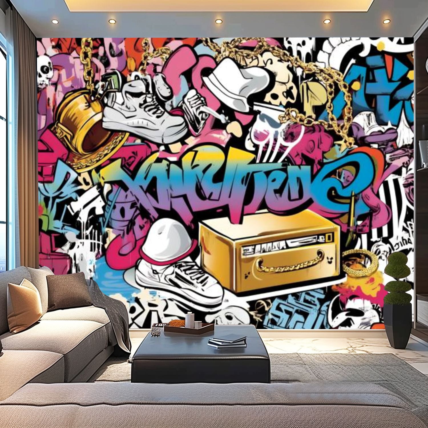 Peel and Stick Wallpaper Canvas Colorful Graffiti 80s 90s Hip Hop Theme ...