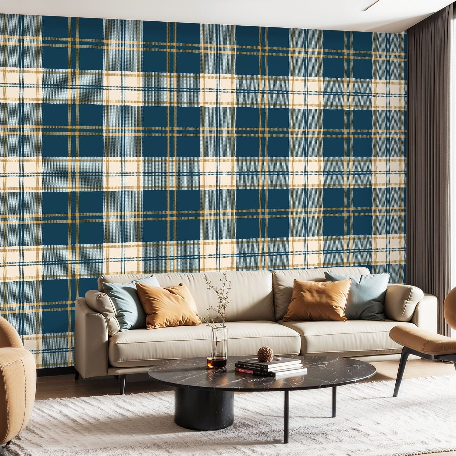 Peel and Stick Wallpaper Canvas Contact Paper Blue gold plaid ...
