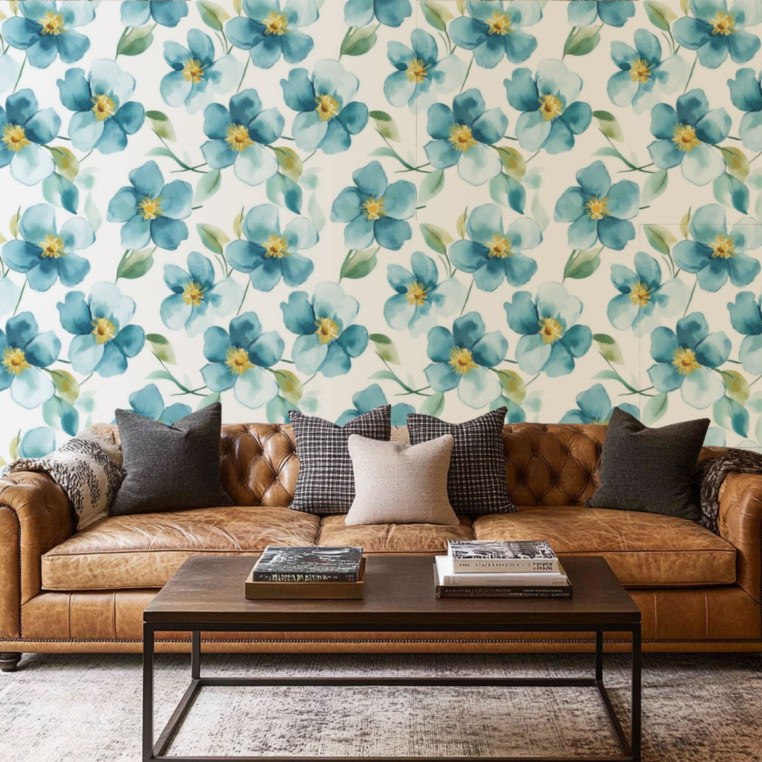 Peel and Stick Wallpaper Canvas Contact Paper Blue watercolor flowers ...