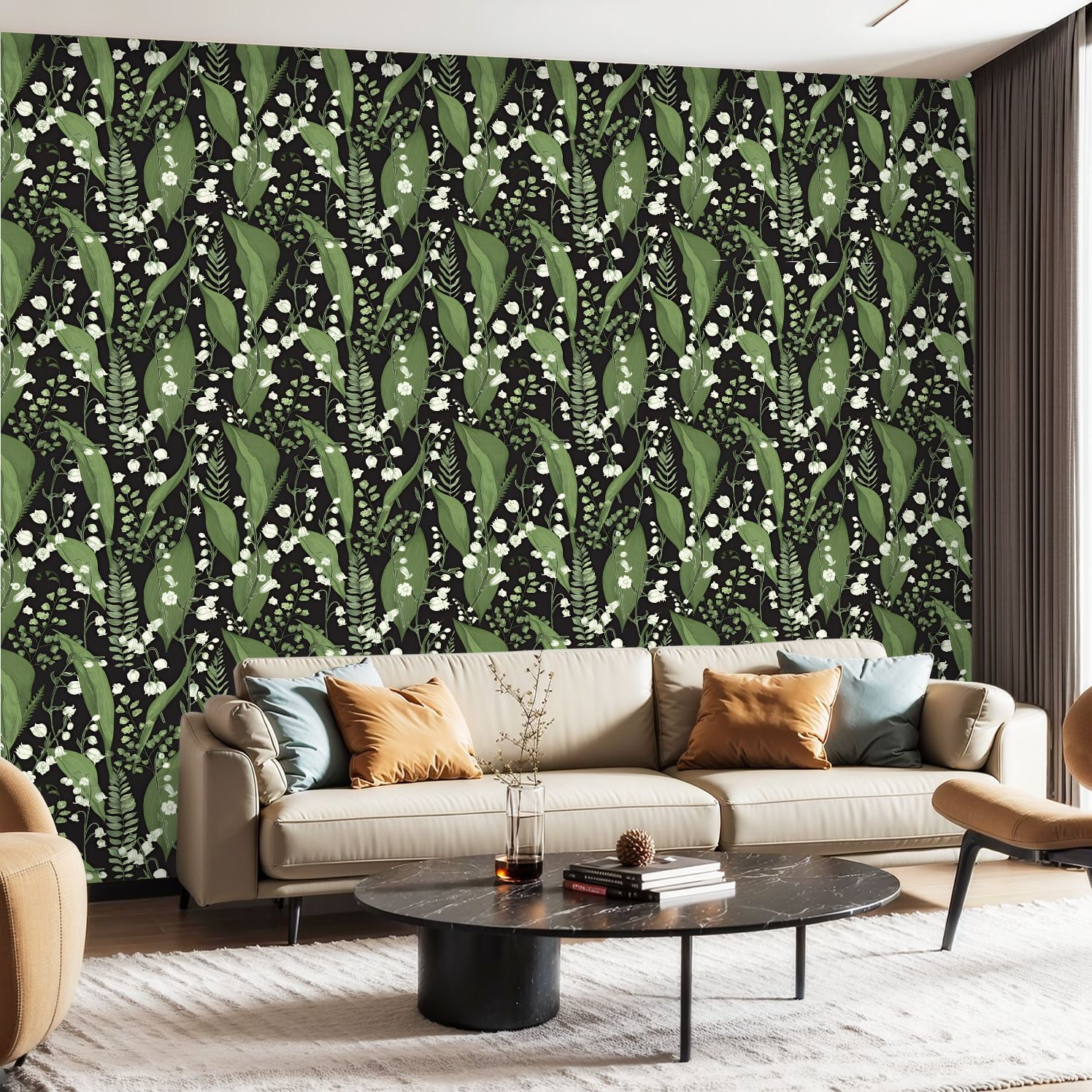 Peel and Stick Wallpaper Canvas Contact Paper Lily valley fern seamless Hand drawn texture ...