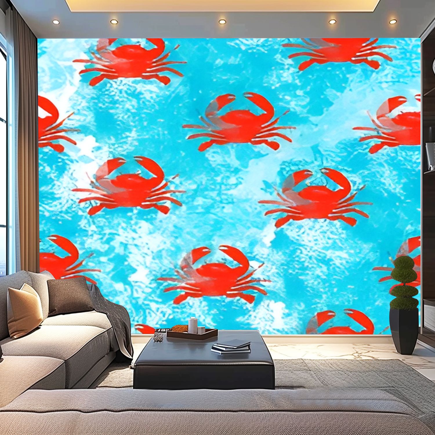 Peel and Stick Wallpaper Canvas Crab swims ocean watercolor seamless ...