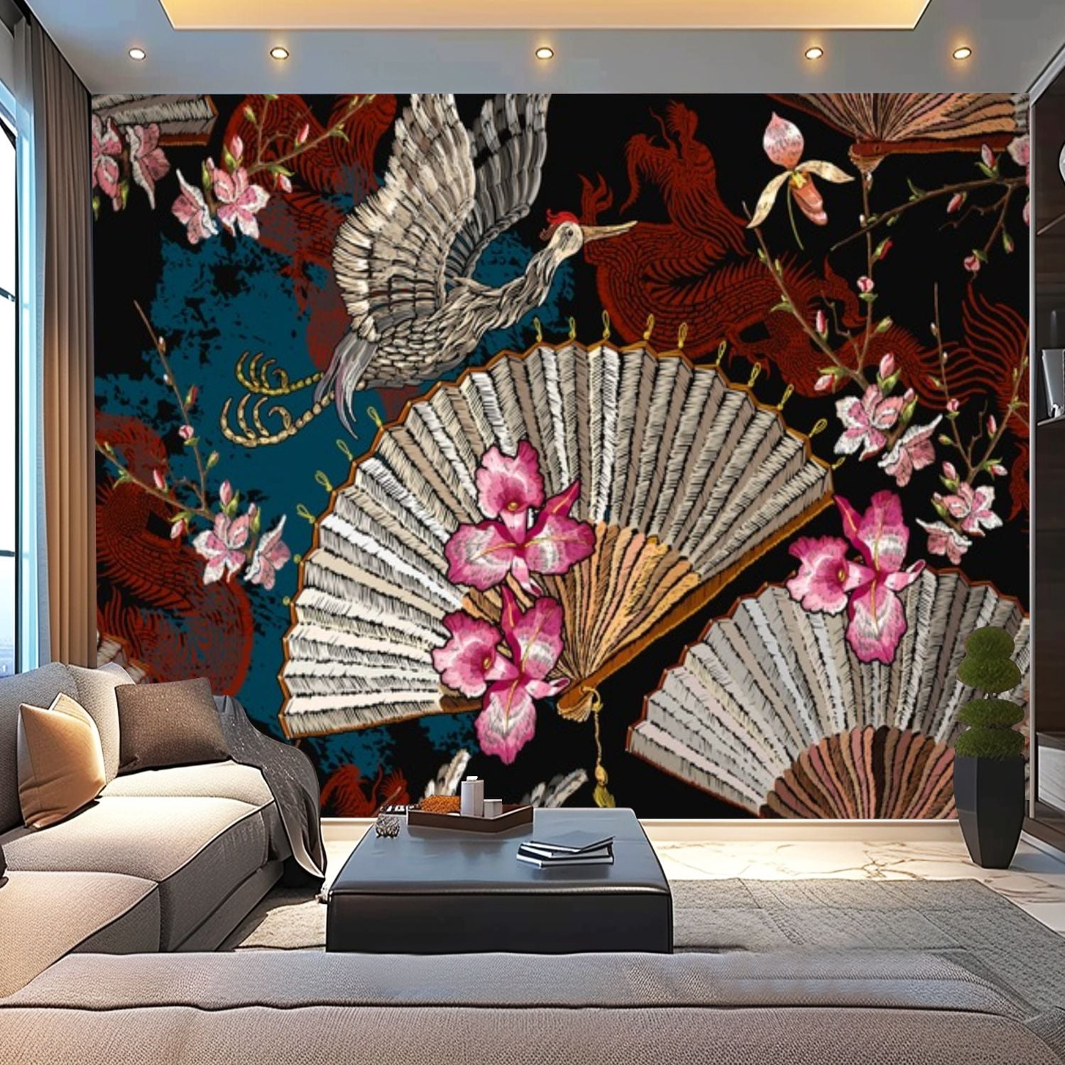 Peel and Stick Wallpaper Canvas Crane bird fan rising red sun flowers ...